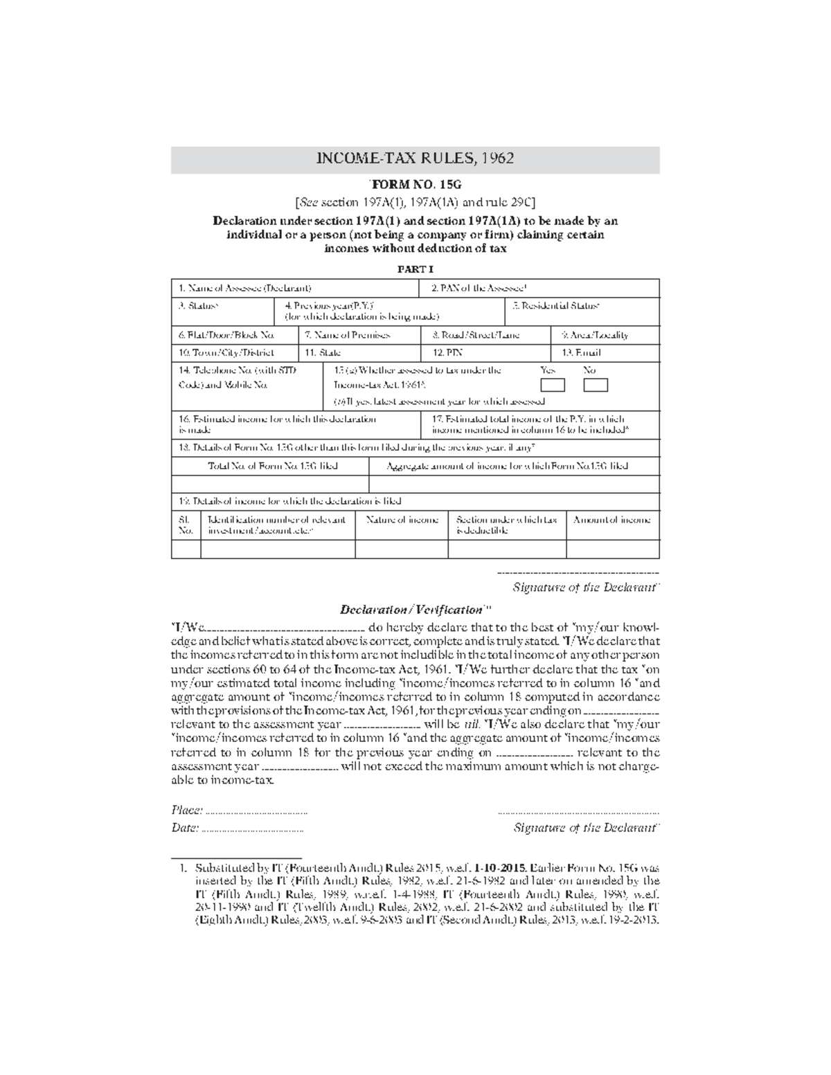 15G - Form - Substituted by IT (Fourteenth Amdt.) Rules 2015, w.e. 1-10 ...