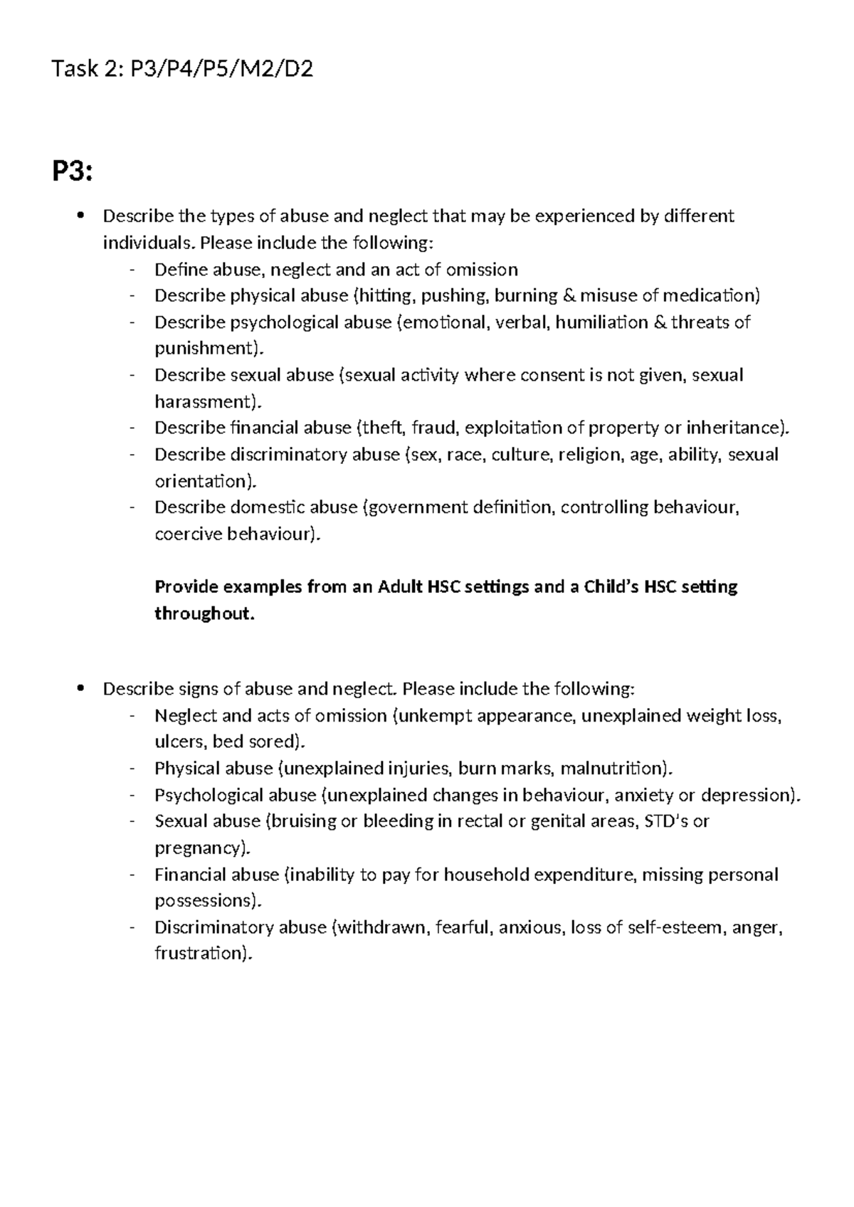 Guidance sheet Task 2 P3 P4 P5 M2 D2 - Task 2: P3/P4/P5/M2/D P3: Describe the types of abuse and ...