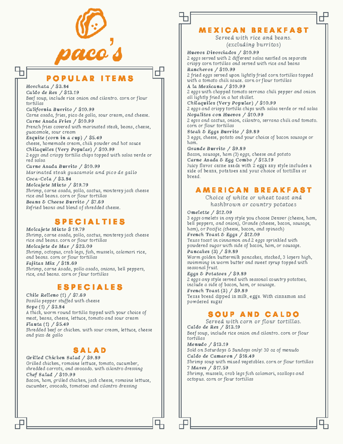 Paco's Menu - Menu - Huevos Divorciados / $10. 2 eggs served with 2 ...