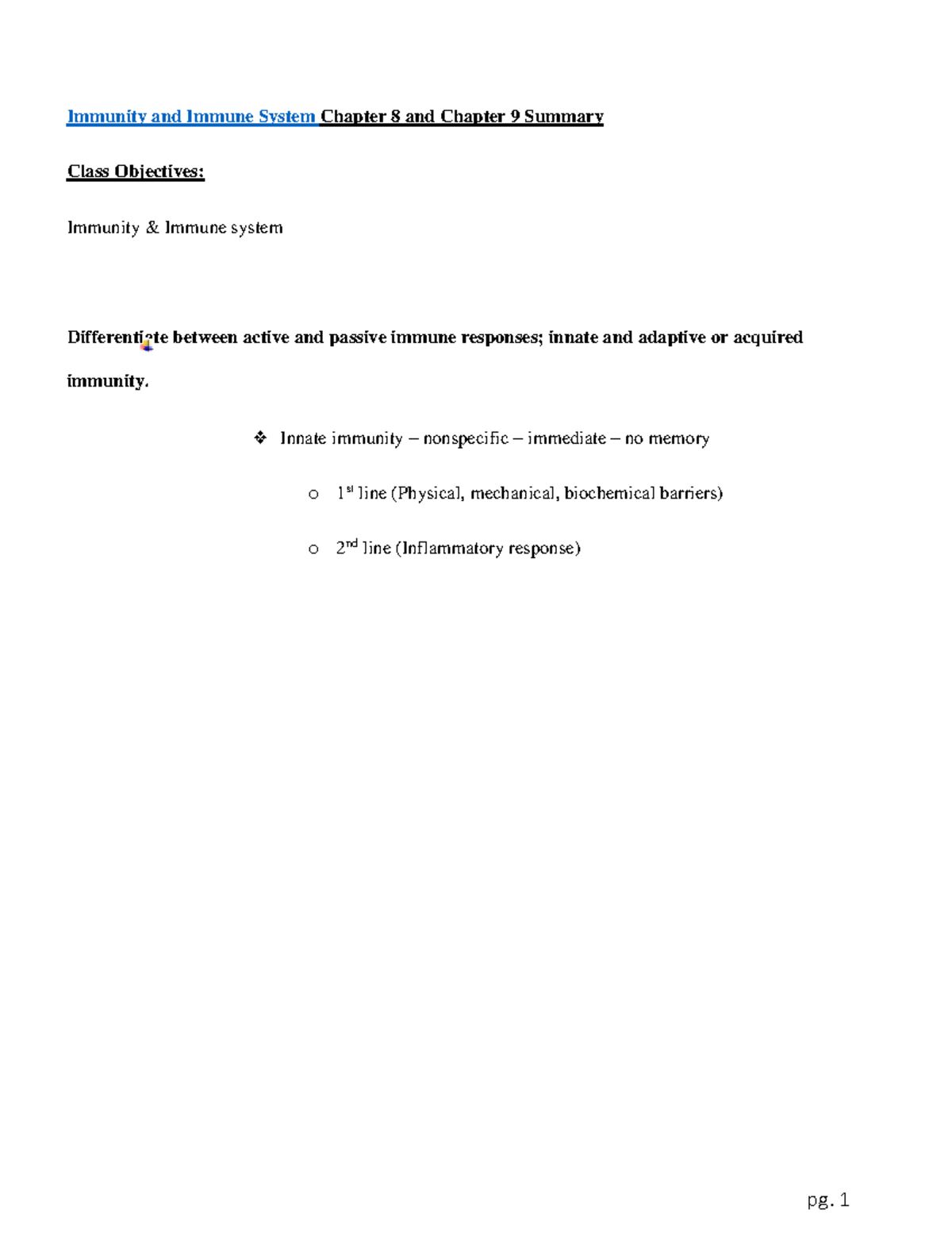 Immunity and Immune System Chapter 8 and Chapter 9 Summary - Innate ...