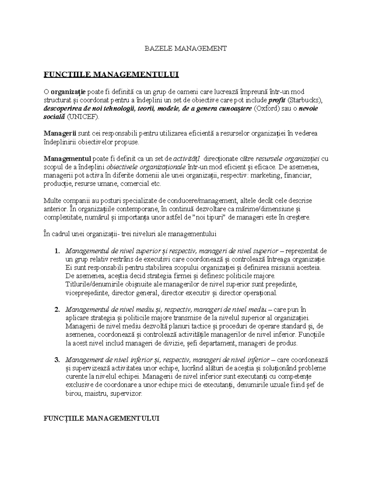 Bazele Management - Note de Curs - BAZELE MANAGEMENT FUNCTIILE ...