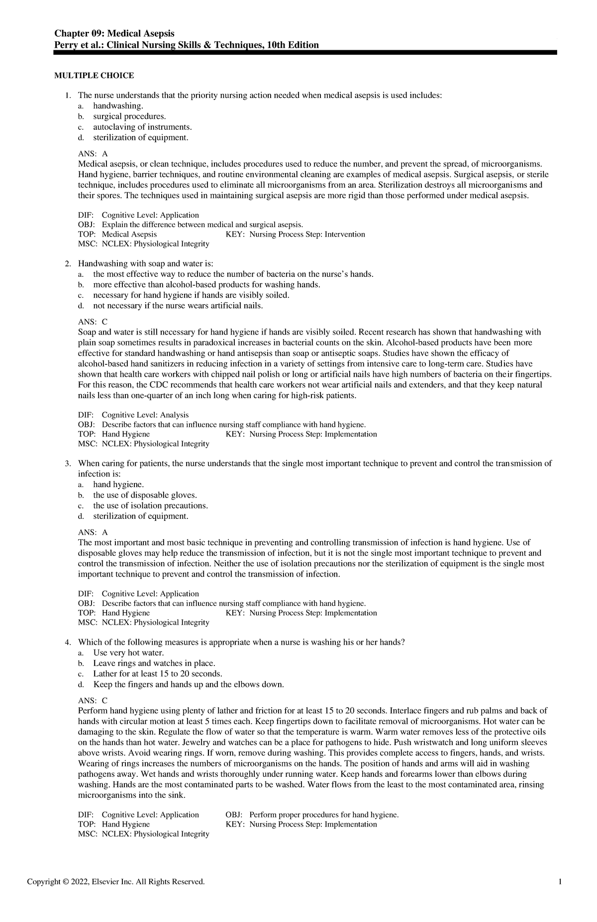 Exam View - Chapter 09 - Quiz - Chapter 09: Medical Asepsis Perry et al ...