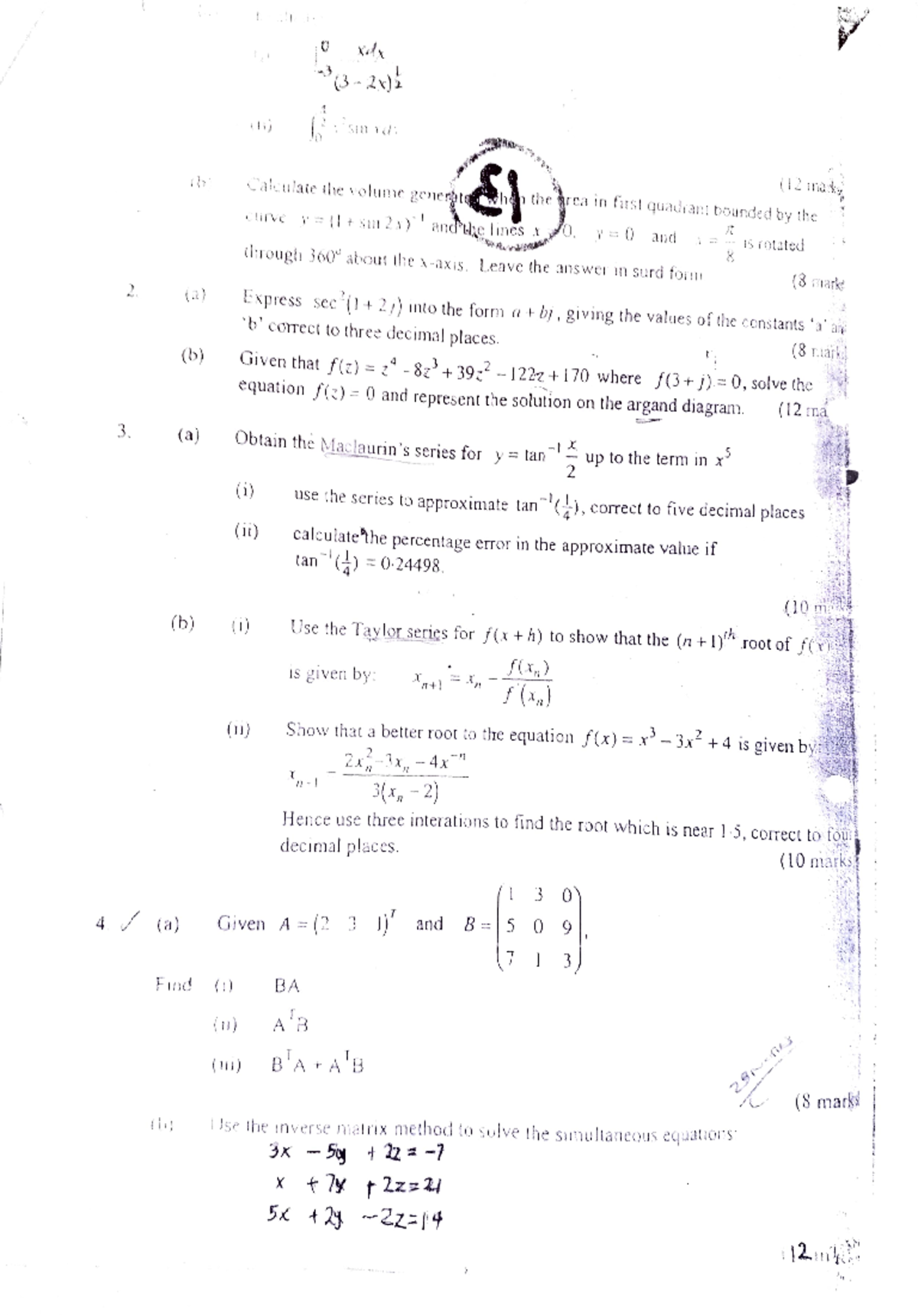 Math paper - x xd x (11) Calculate the volume generate when the area in ...