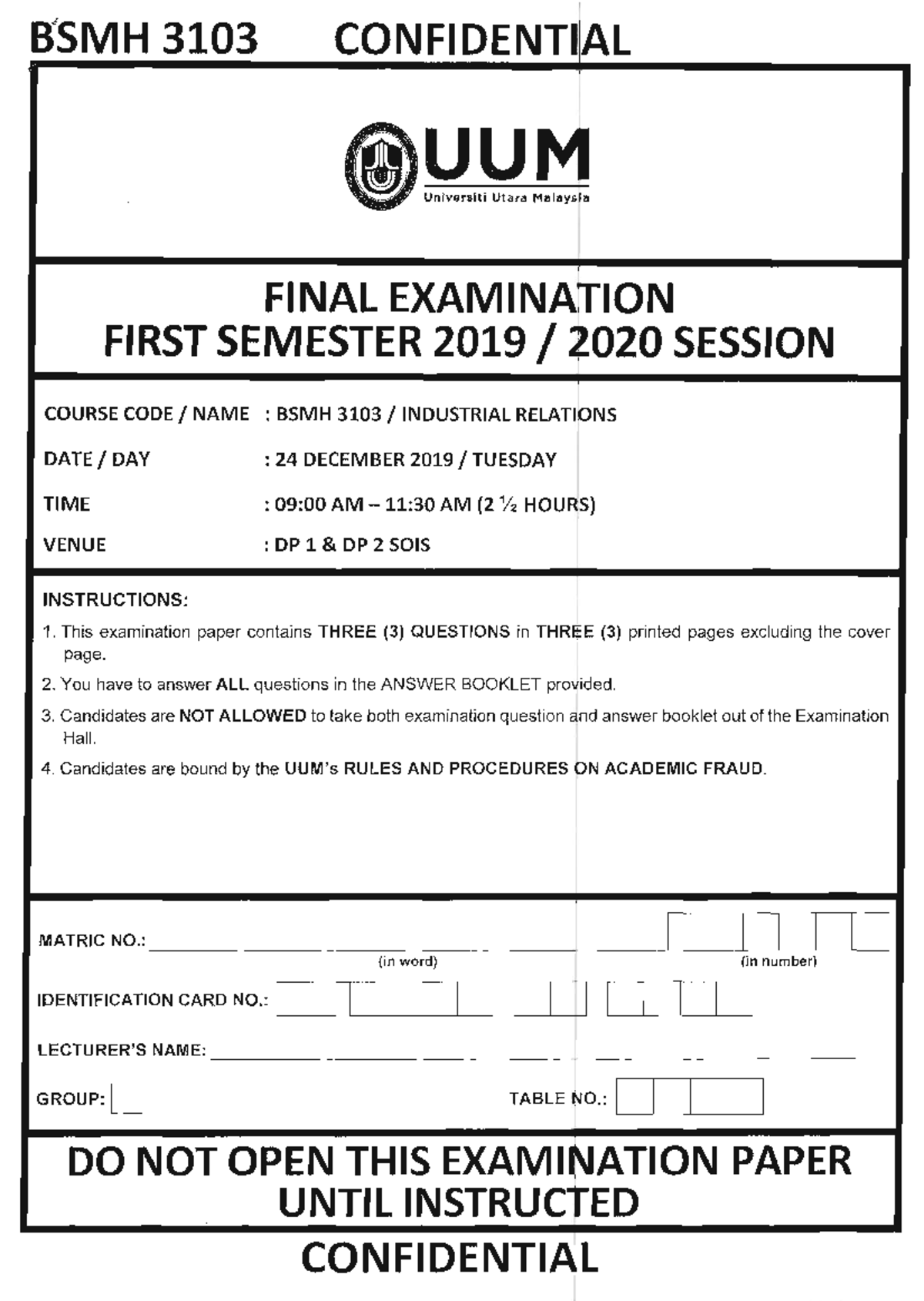 BSMH3103 1 2019 2020 - sample final year paper. goodluck - Industrial ...
