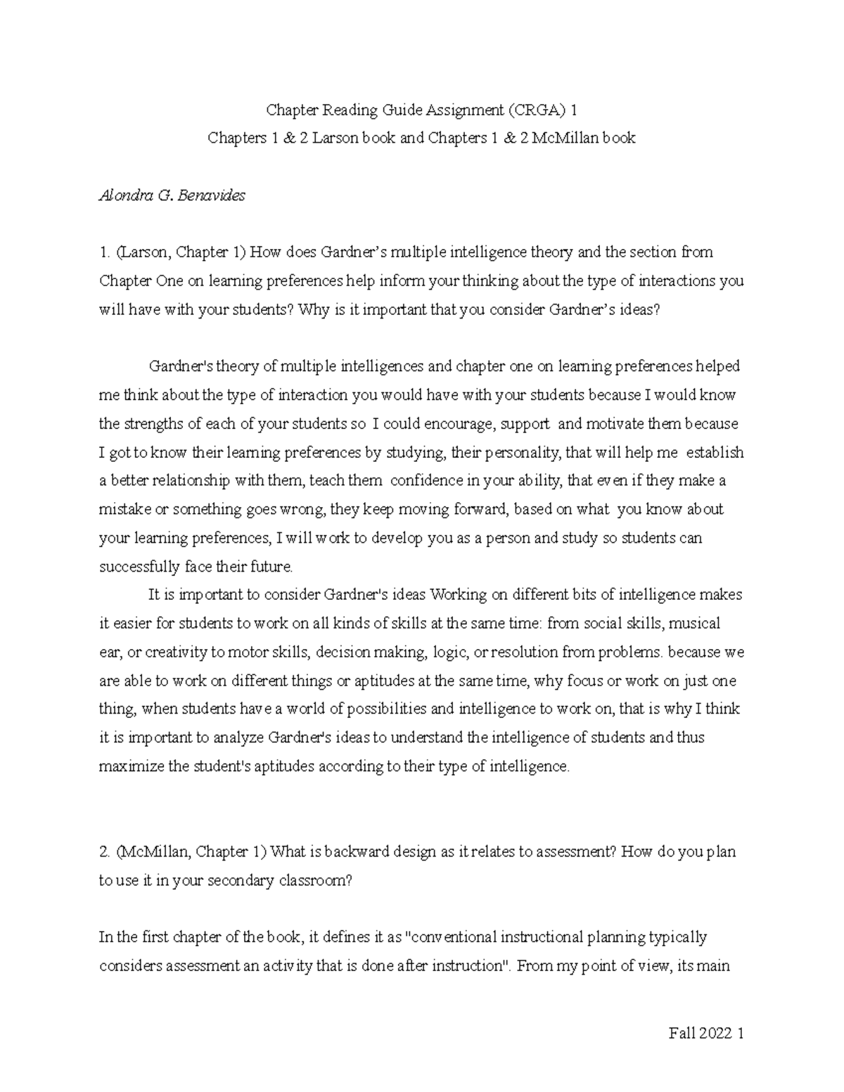 Chapter Reading Guide Assignment - Benavides (Larson, Chapter 1) How ...