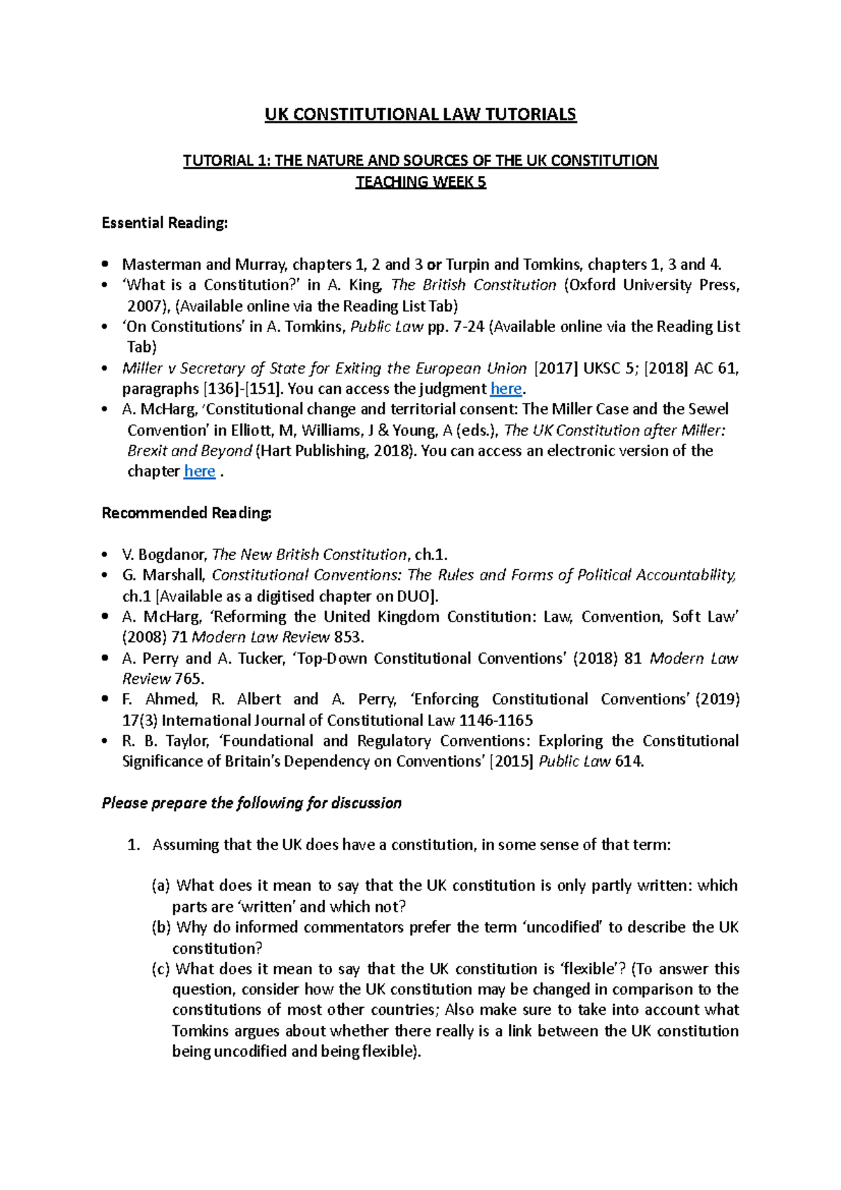 Tutorial 1 - UK CONSTITUTIONAL LAW TUTORIALS TUTORIAL 1: THE NATURE AND SOURCES OF THE UK - Studocu