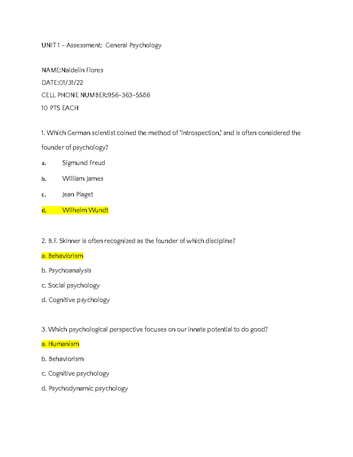 UNIT 1 Assessment - General Psychology for homework - UNIT 1 ...