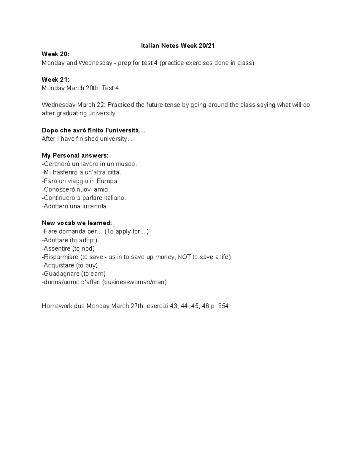 Ita+week+20 21 - notes - Italian Notes Week 20/ Week 20: Monday and ...