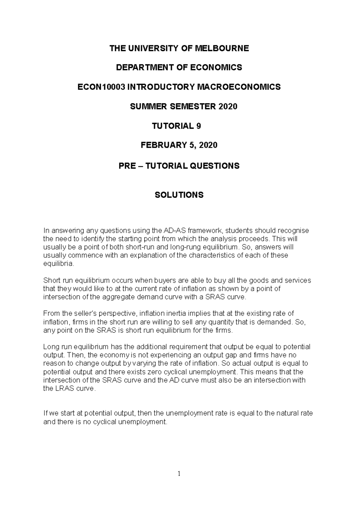 Pre-Tutorial Sheet 9 Solutions - THE UNIVERSITY OF MELBOURNE DEPARTMENT ...