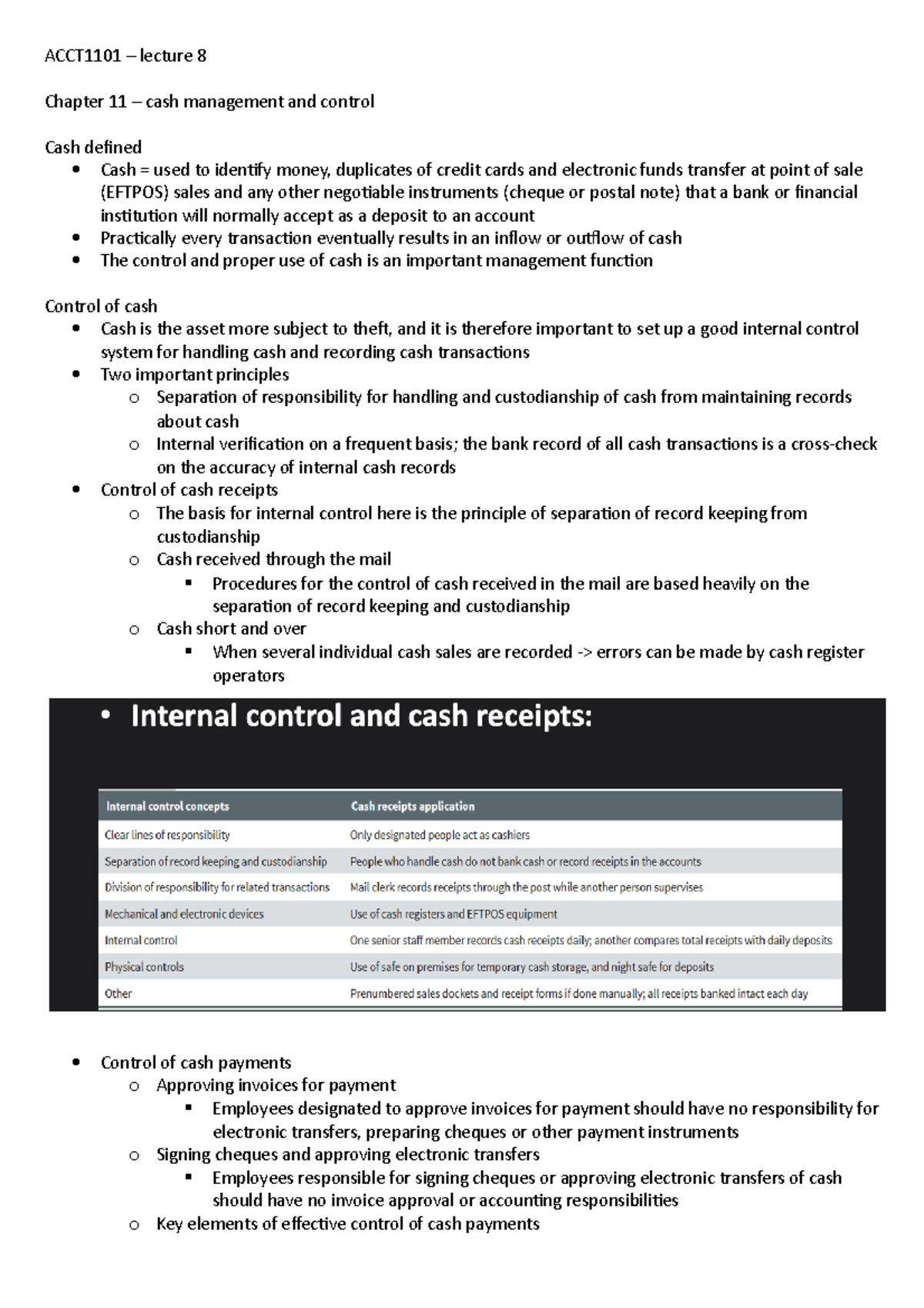 ACCT1101 lecture 8 - ACCT1101 – lecture 8 Chapter 11 – cash management ...
