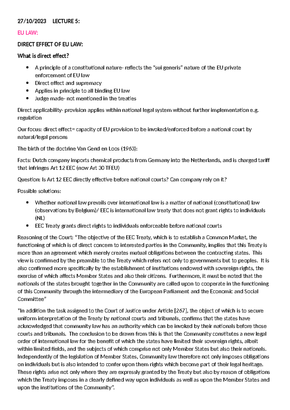 Lecture 5- direct effect of eu law - 27/10/2023 LECTURE 5: EU LAW: DIRECT EFFECT OF EU LAW: What ...