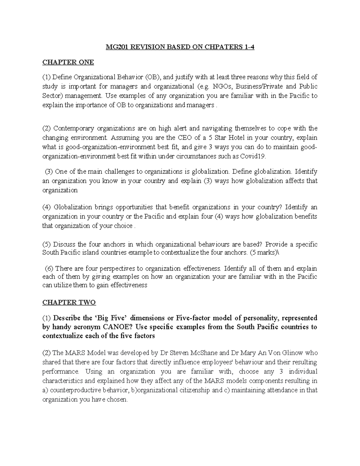 Chapters 1-4 Revision - notes - MG201 REVISION BASED ON CHPATERS 1 ...