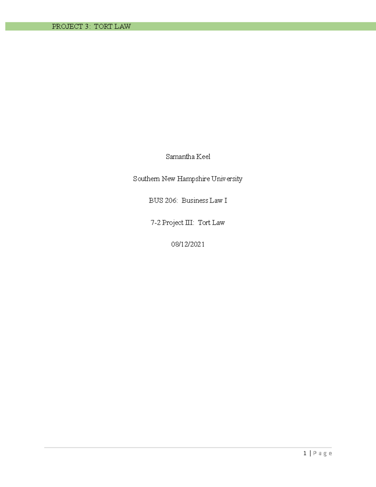 7-2 Project Three Tort Law - Samantha Keel Southern New Hampshire ...