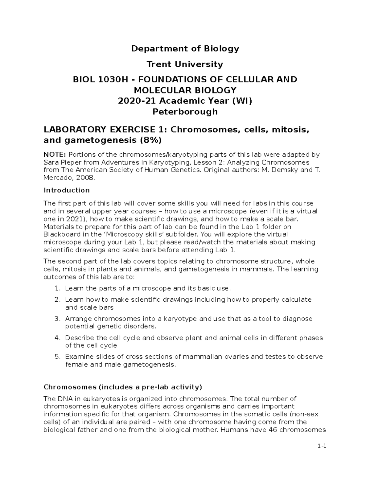 Lab 1 - CCMG 2021 - Final - Department of Biology Trent University BIOL ...