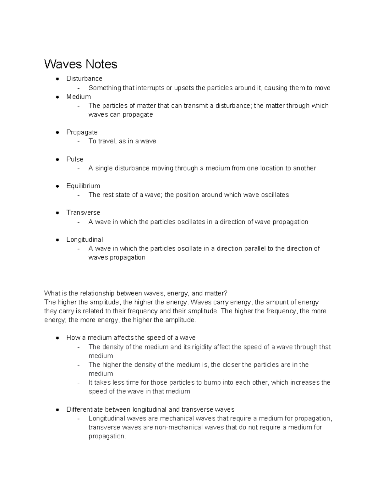 02.01 Waves note taking - Waves Notes Disturbance - Something that ...