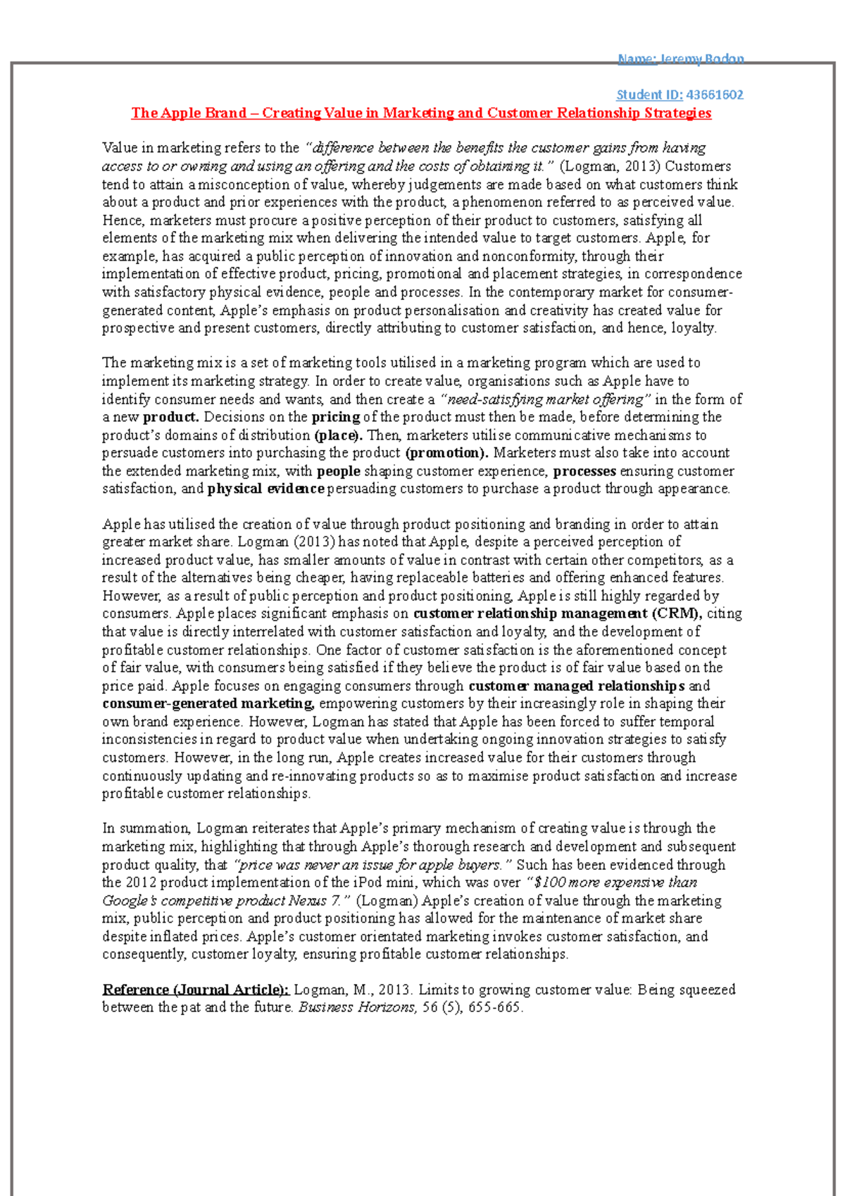 Marketing Fundamentals Assignment 1 - Name: Jeremy Bodon Student ID ...