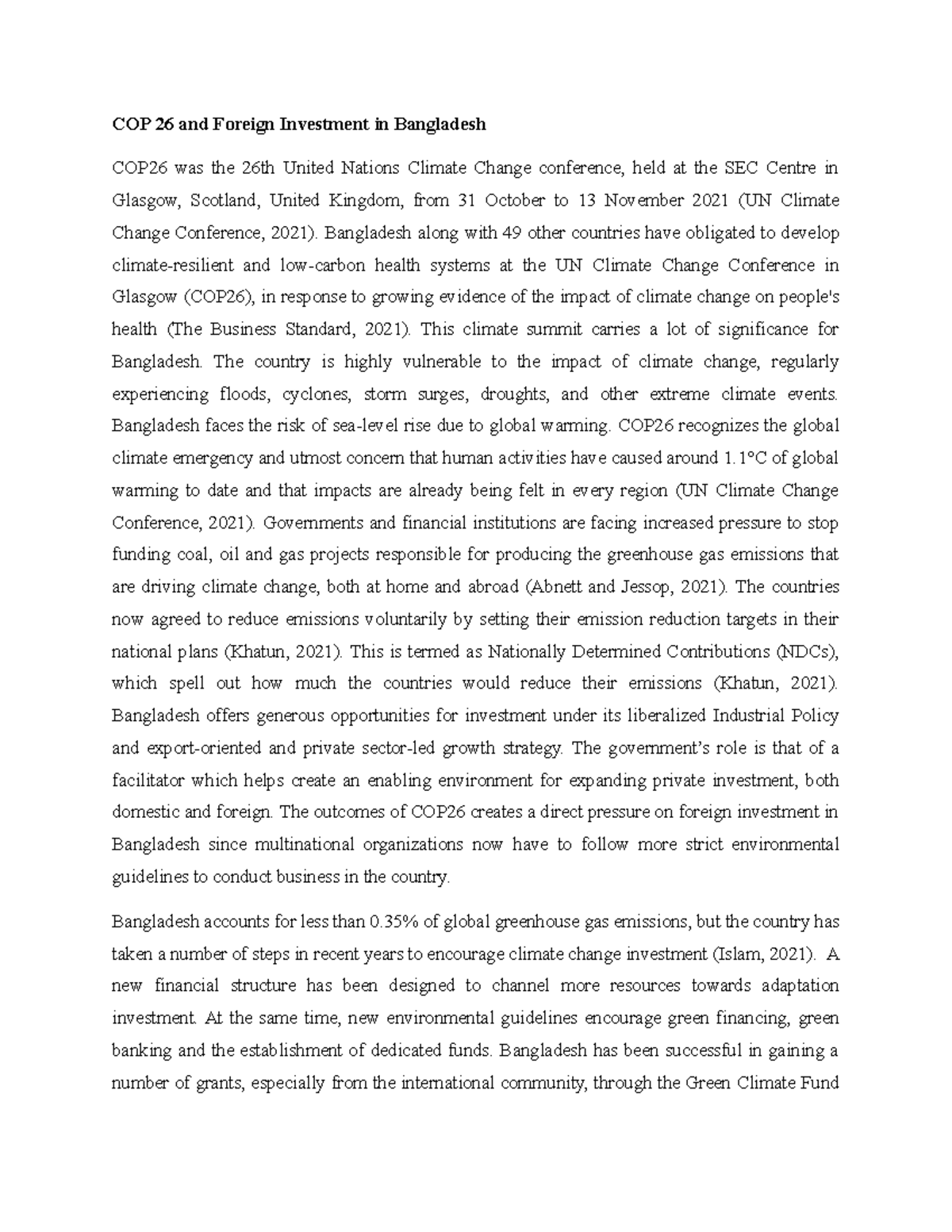 Assignment on COP26 and Foreign Investment in Bangladesh - COP 26 and ...
