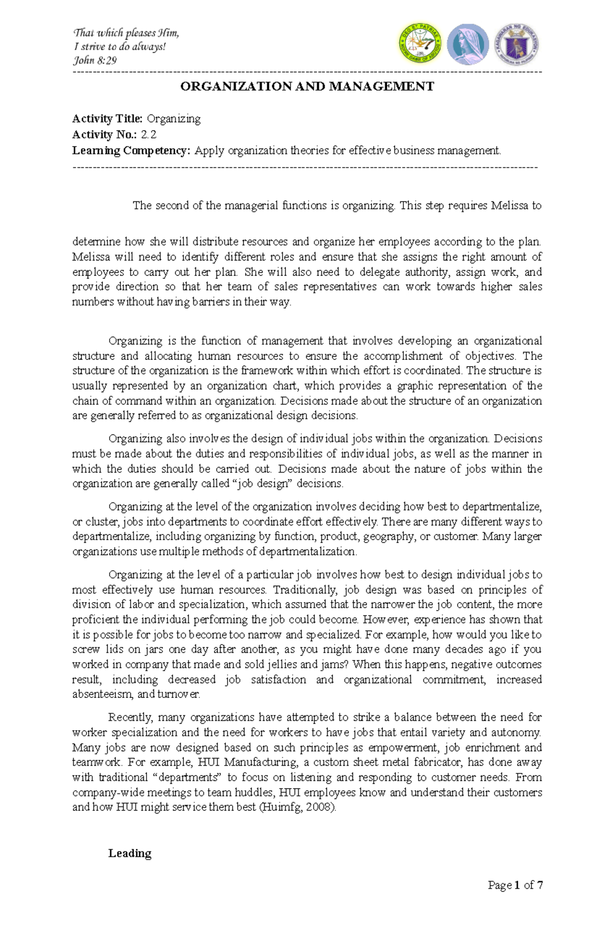 Orgman q2 WEEK 2 - vmjjjhkkkmmm - ORGANIZATION AND MANAGEMENT Activity ...