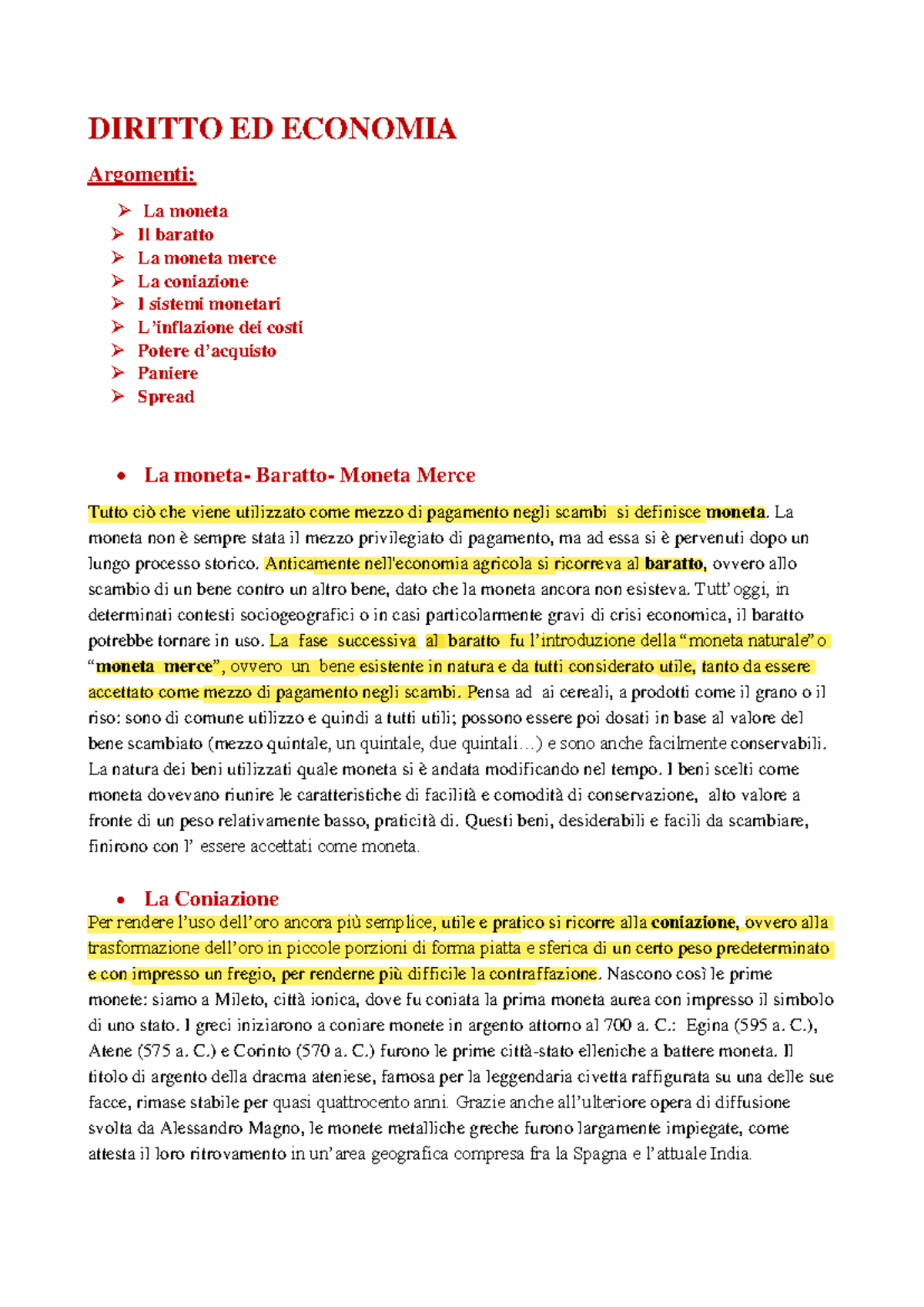 Vocabolario base economia - DIRITTO ED ECONOMIA Argomenti: La moneta Il ...