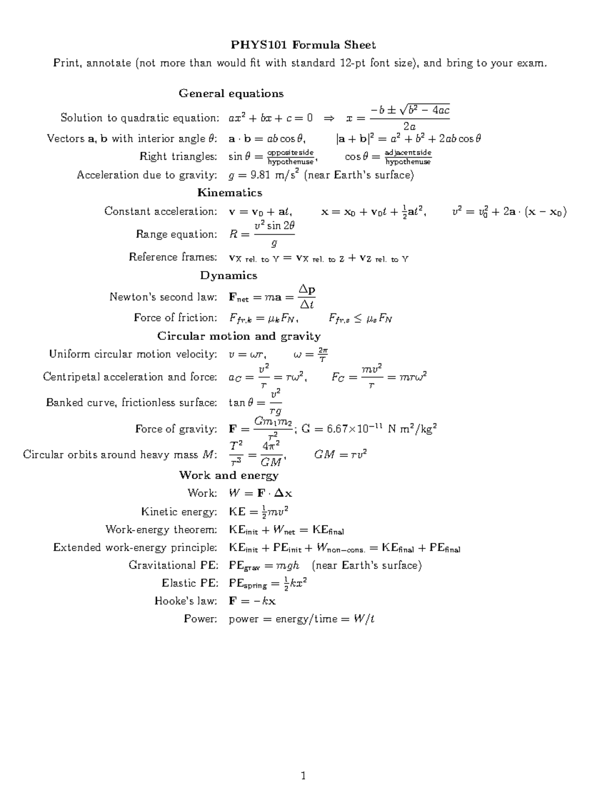Phys 101 formula sheet part 1 - PHYS101 Formula Sheet Print, annotate ...