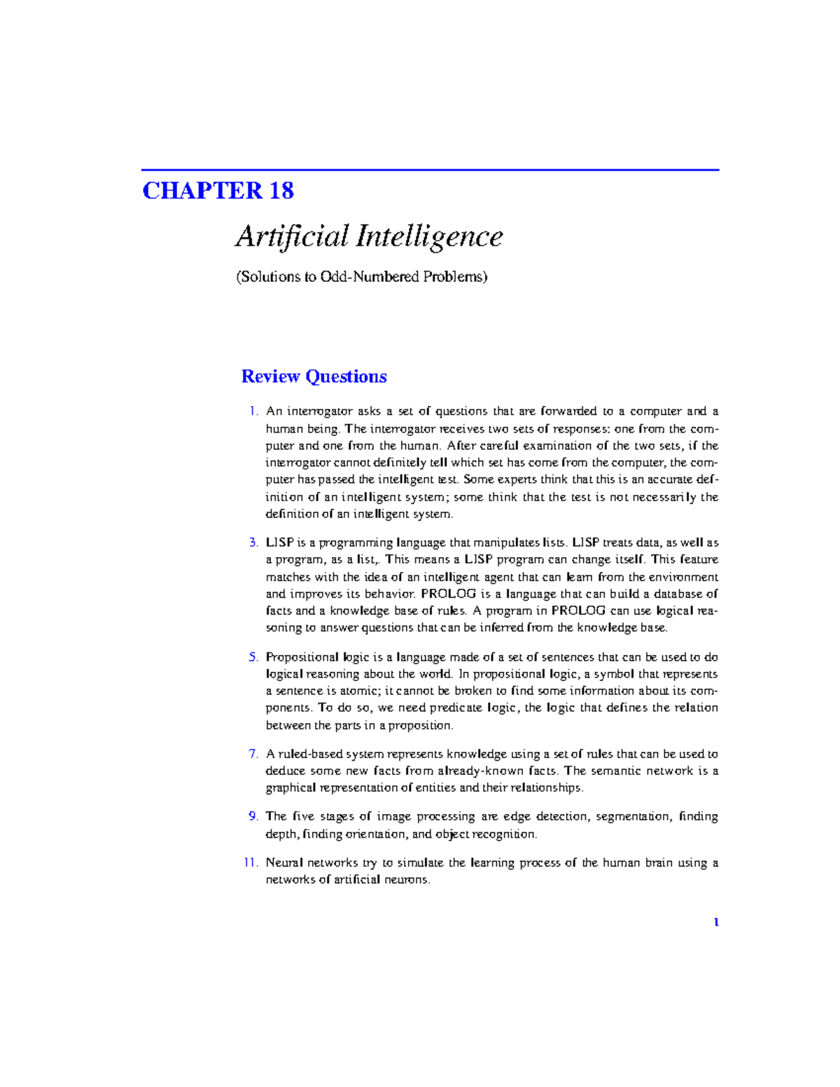 Ch-18 - 1 CHAPTER 18 Artificial Intelligence (Solutions to Odd-Numbered ... Ch-18 - 1 CHAPTER 18 Artificial Intelligence (Solutions to Odd-Numbered ...