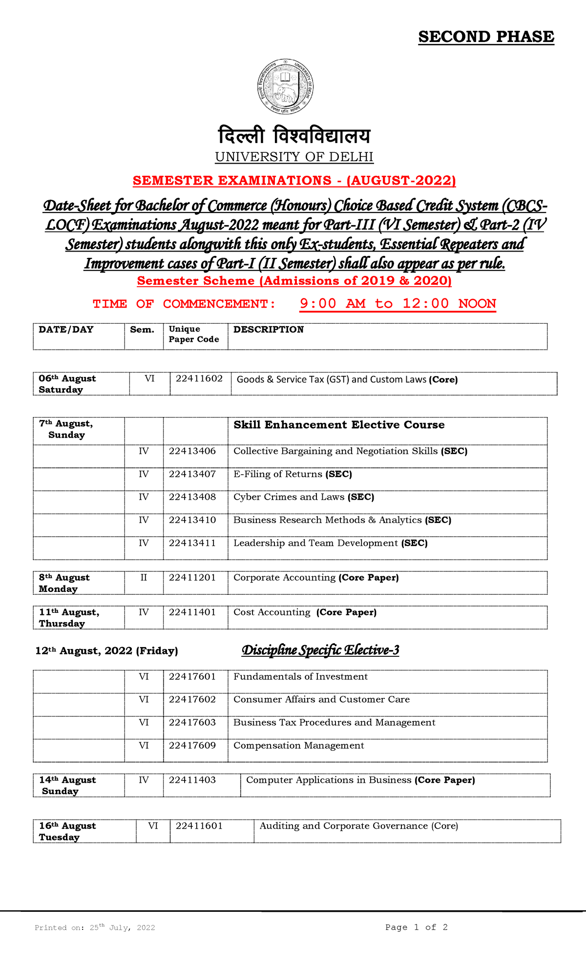 BCOM (H)b22-Sem - Datesheey - Printed on: 25th July, 2022 Page 1 of 2 ...