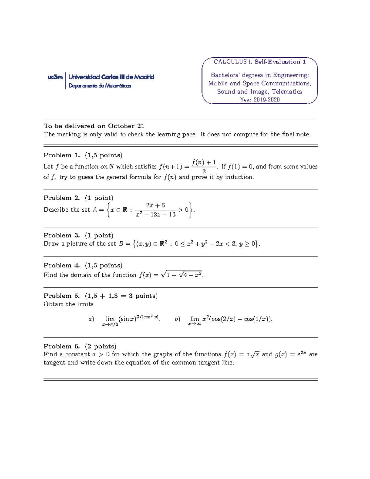 Self Evaluation 1 - ★ CALCULUS I-Evaluation 1 Bachelors’ degrees in ...