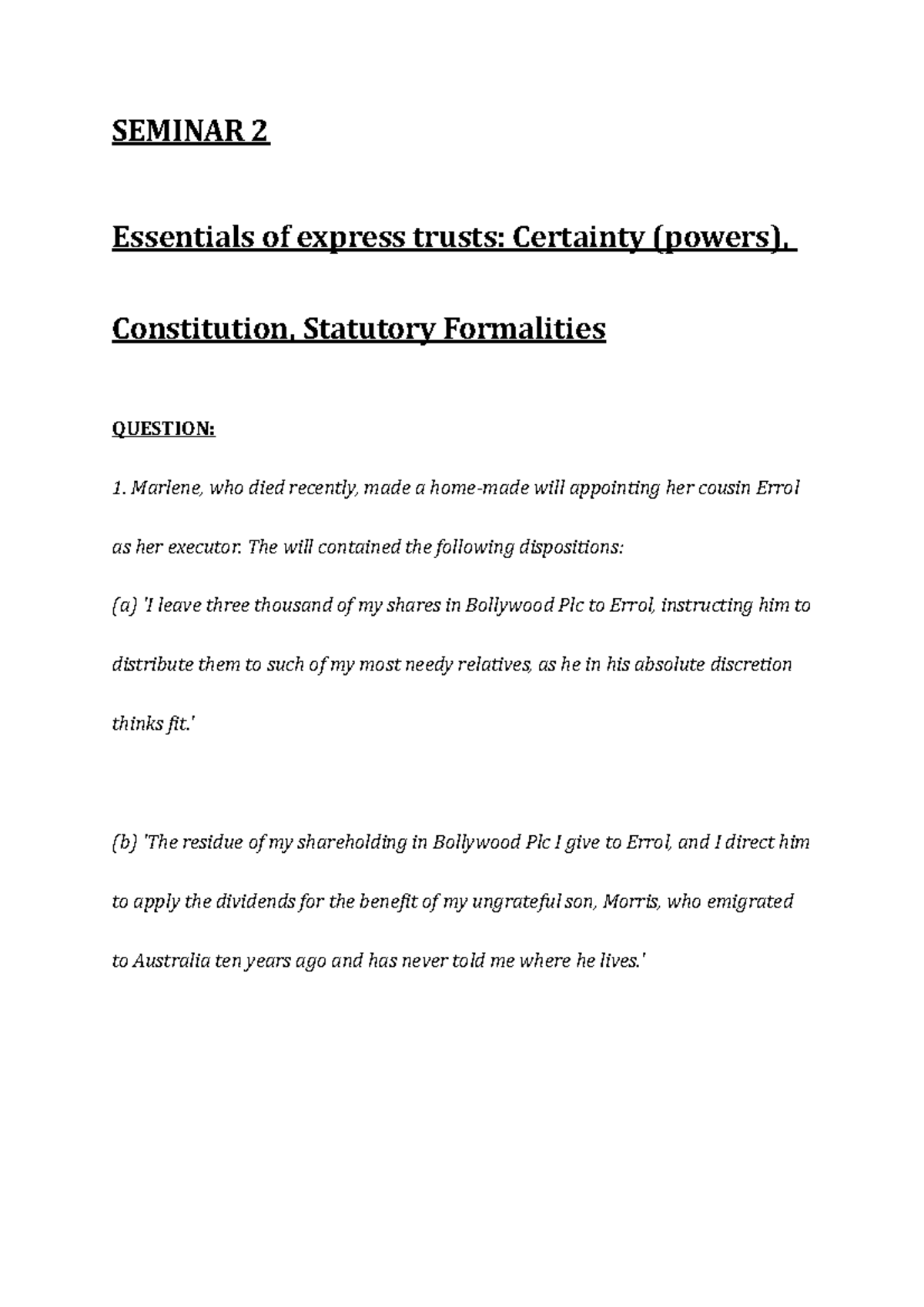 Equity Seminar Summary - Seminar 2 - SEMINAR 2 Essentials of express trusts: Certainty (powers ...