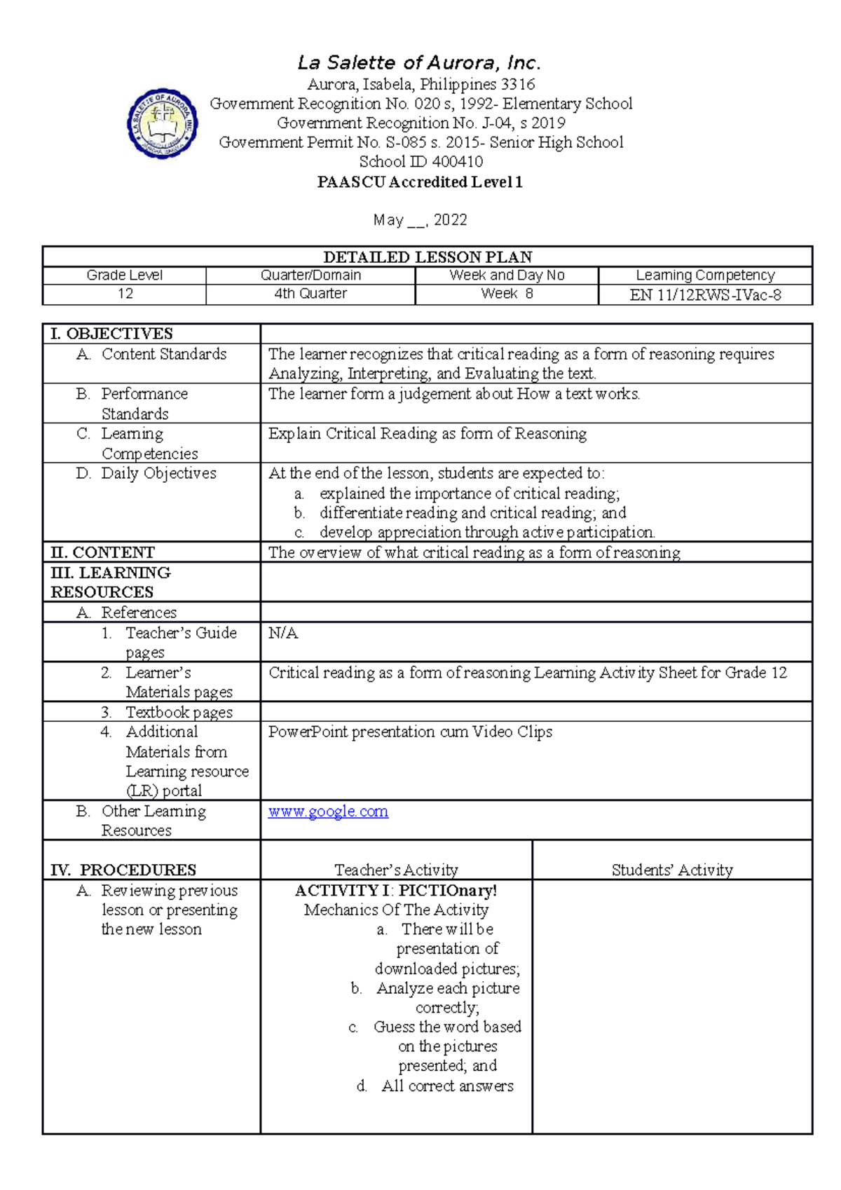CO 1 ORAL COM - Detailed Lesson Plan for English Critical Thinking - La ...
