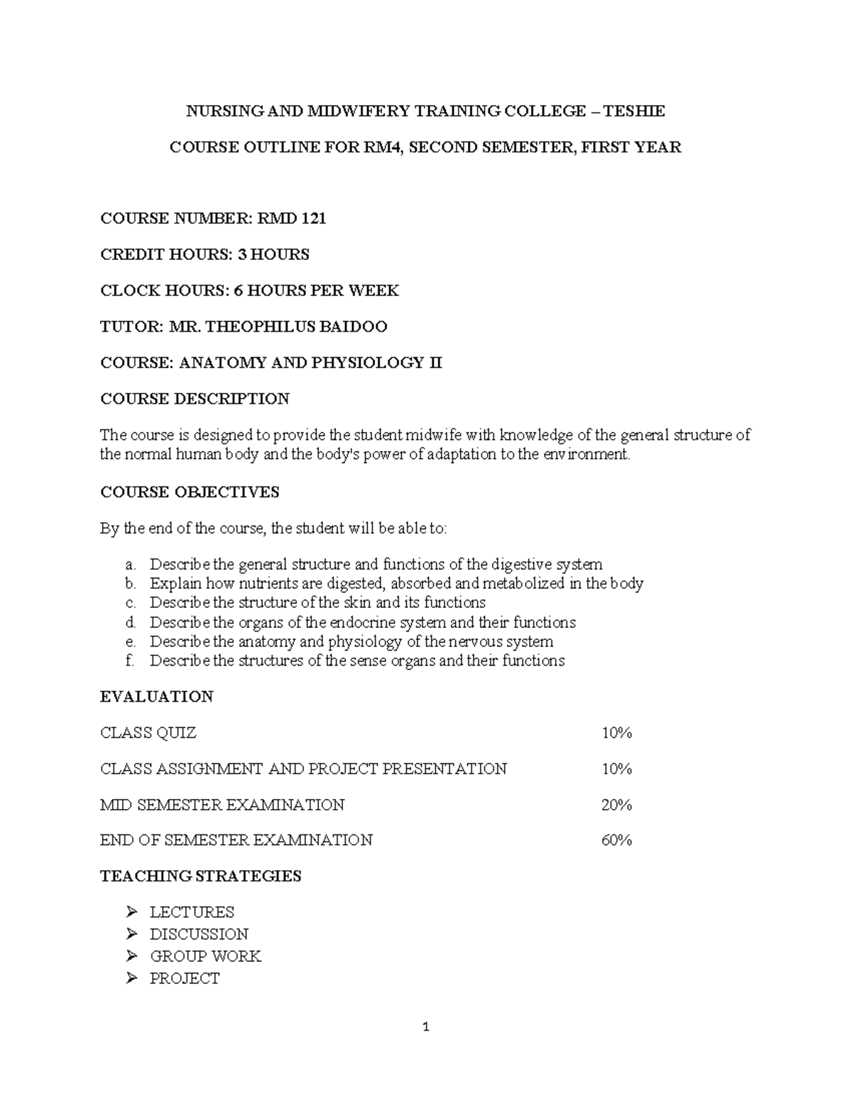 Antomy and physiology ii course outline Midwifery - NURSING AND ...