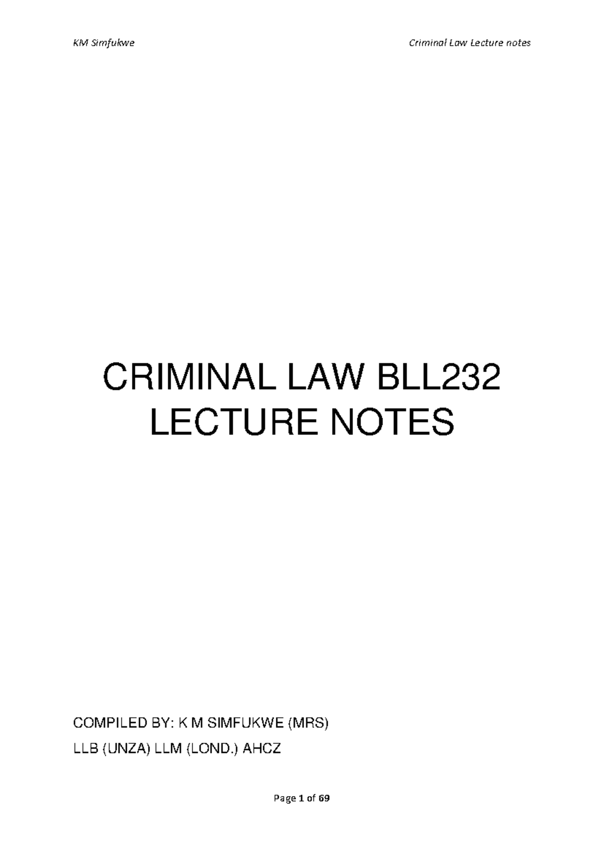 Criminal law 2 - very well detailed work - CRIMINAL LAW BLL LECTURE ...