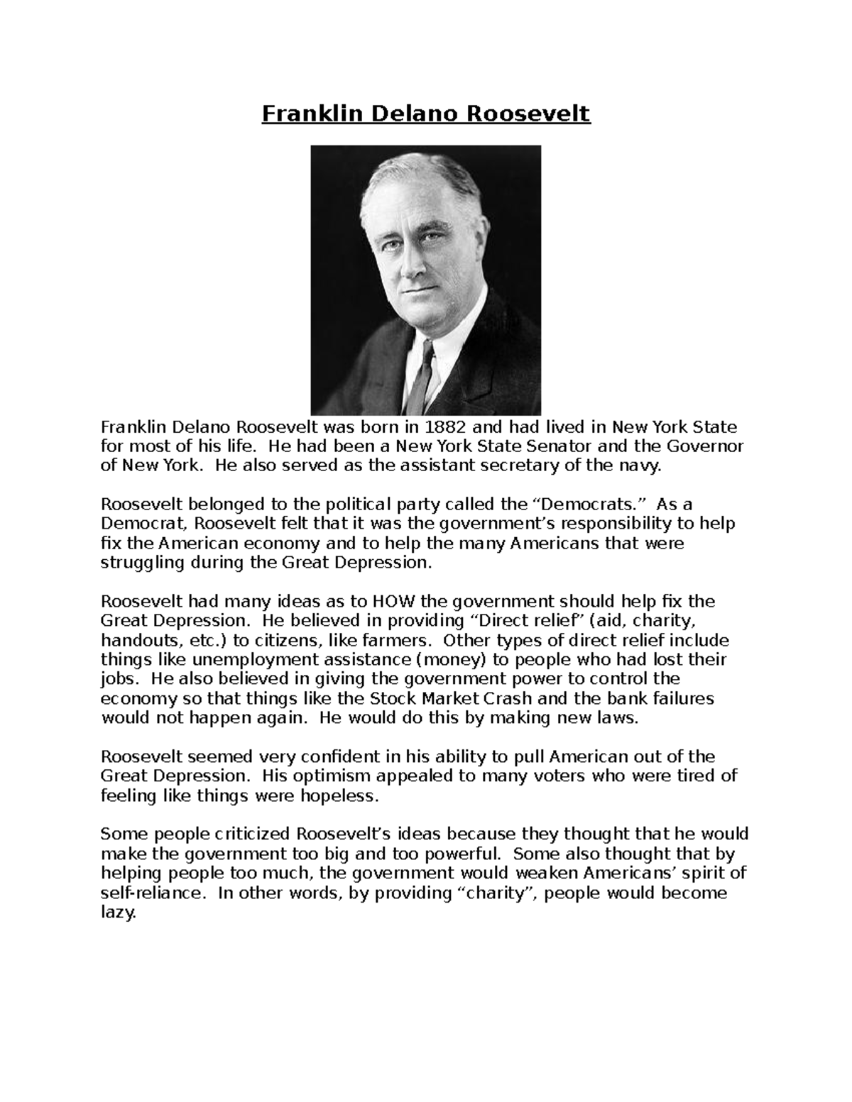 FDR vs - this assignment is the comparison on FDR vs Hoover - Franklin ...