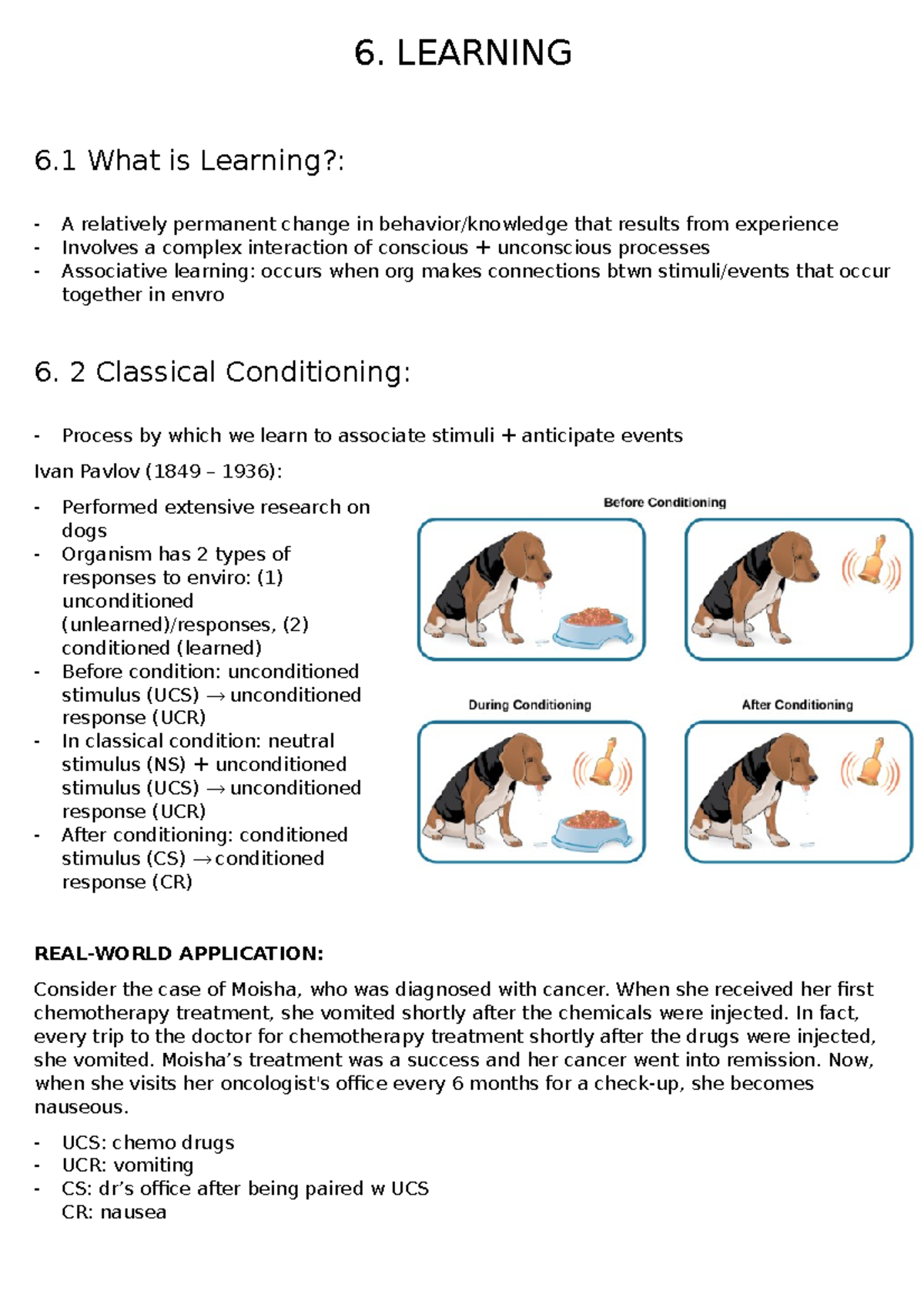 6. Learning - Chapter notes from textbook. - 6. LEARNING 6 What is ...