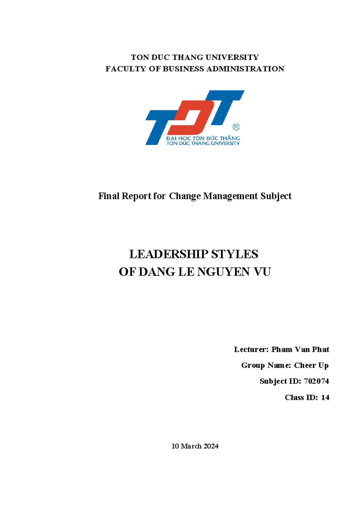 702074 14 Cheer-Up Final-term - TON DUC THANG UNIVERSITY FACULTY OF BUSINESS ADMINISTRATION ...