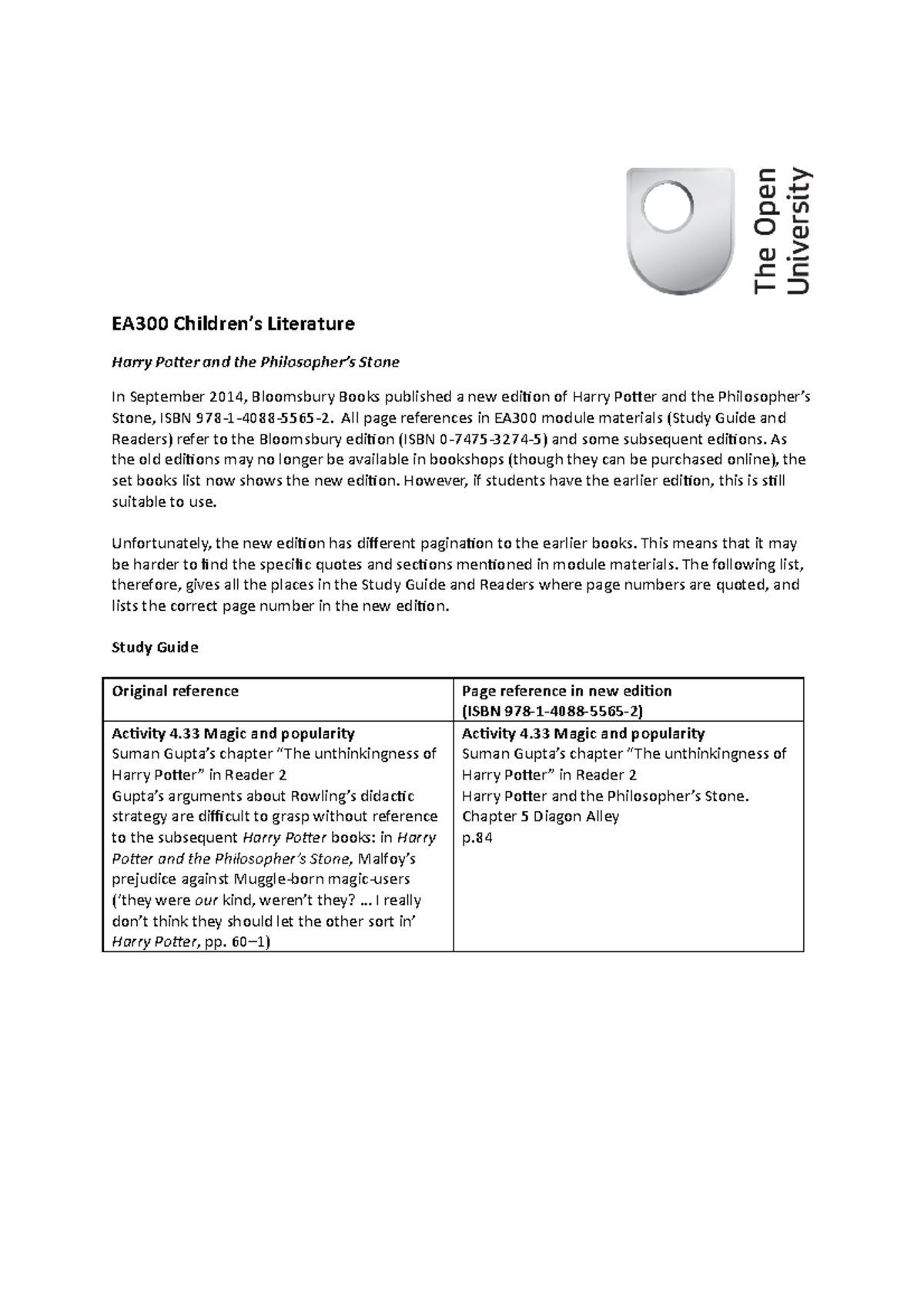 Harry Potter and the Philosphers Stone Page Reference - EA300 Children ...