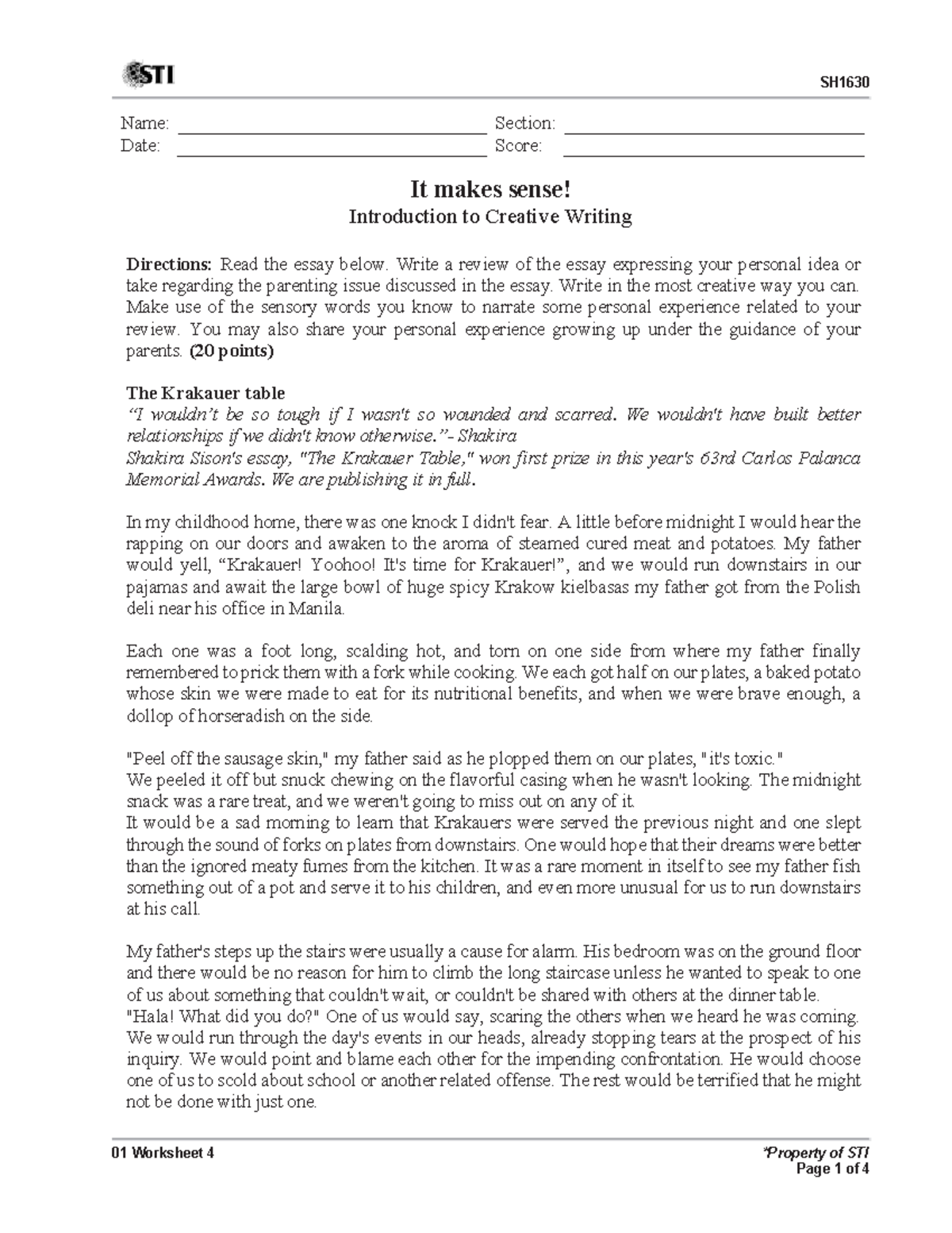 SH1630 - Creative Writing 01 Worksheet 4 - 01 Worksheet 4 *Property of ...