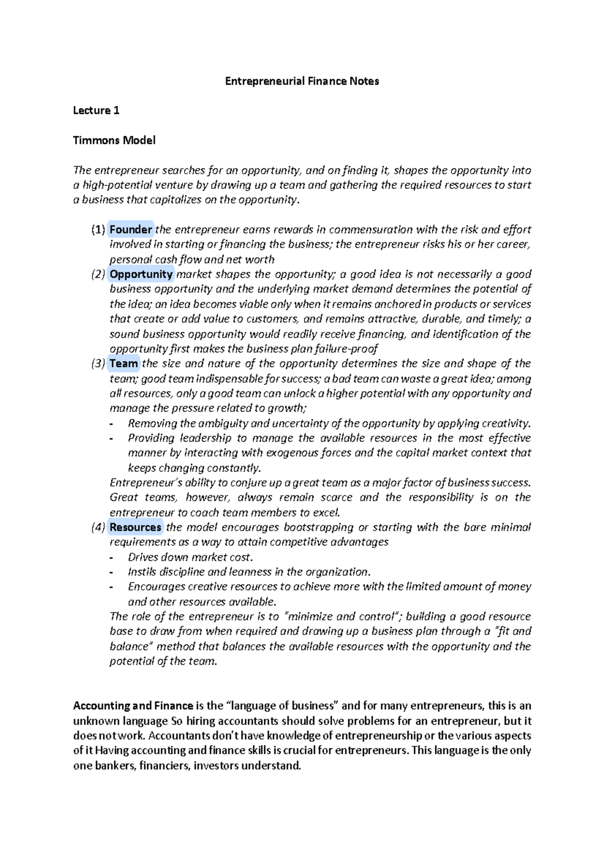 Entrepreneurial Finance Notes - Entrepreneurial Finance Notes Lecture 1 ...