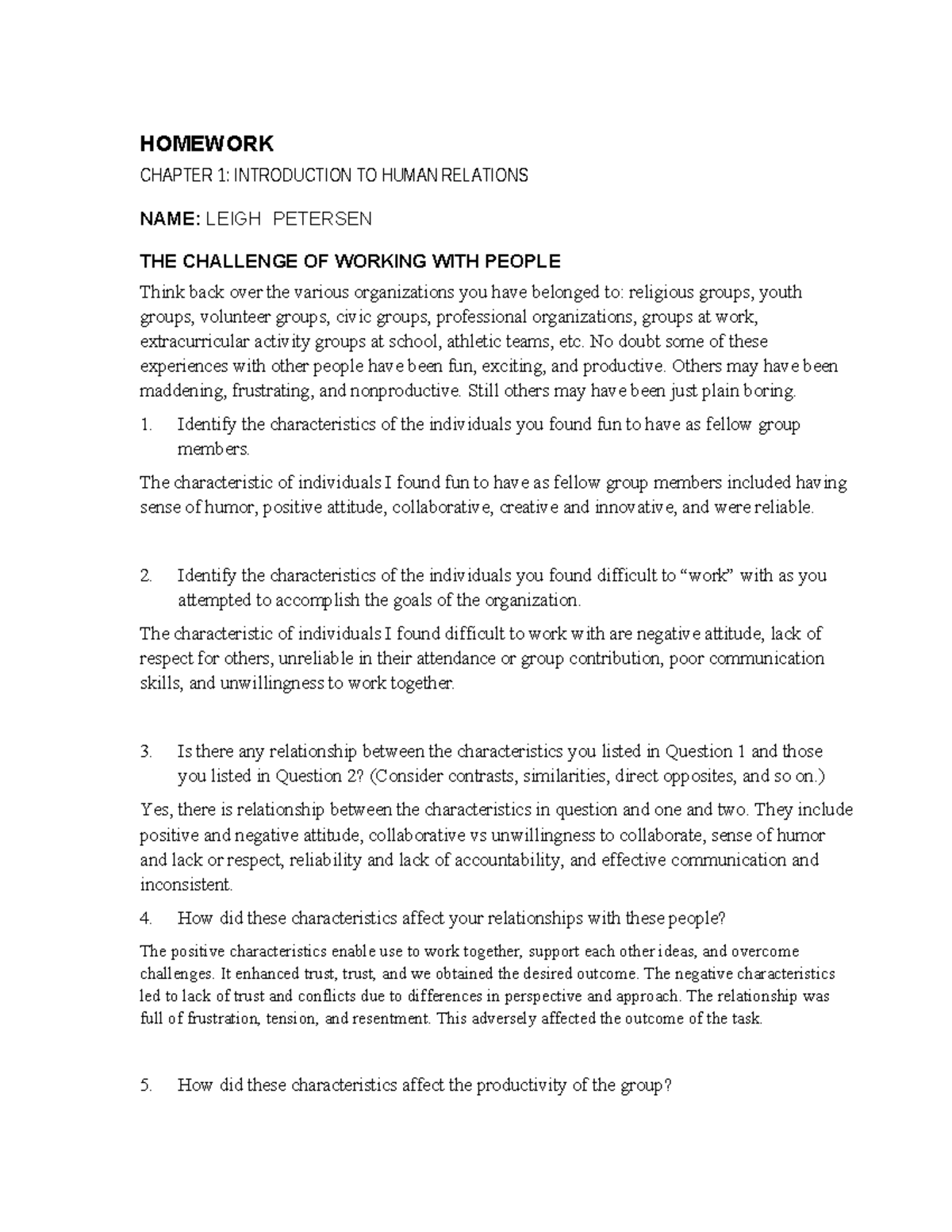 CH 1 Introduction to Human Relations - HOMEWORK CHAPTER 1 ...