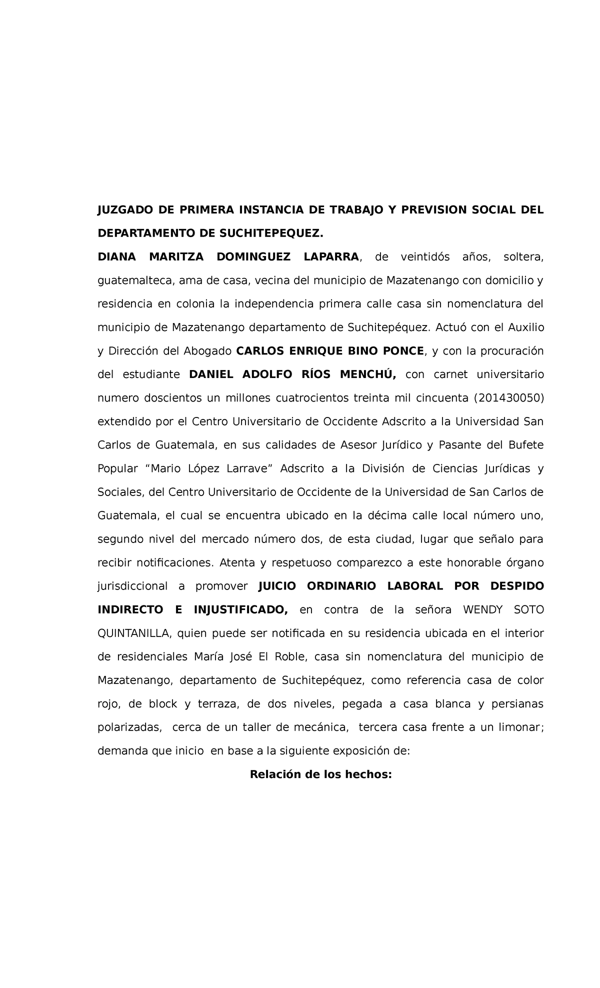 Juicio Ordinario Laboral por despido directo e injustificado - JUZGADO ...