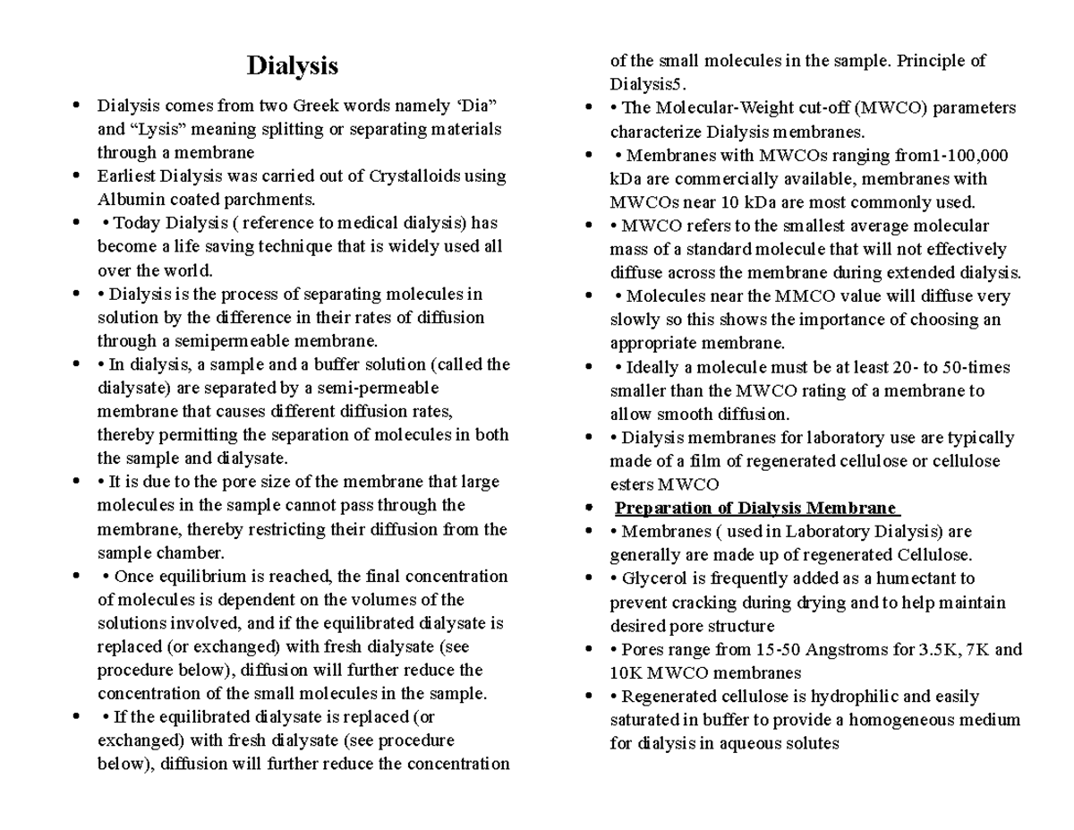 Dialysis - • Today Dialysis ( reference to medical dialysis) has become ...