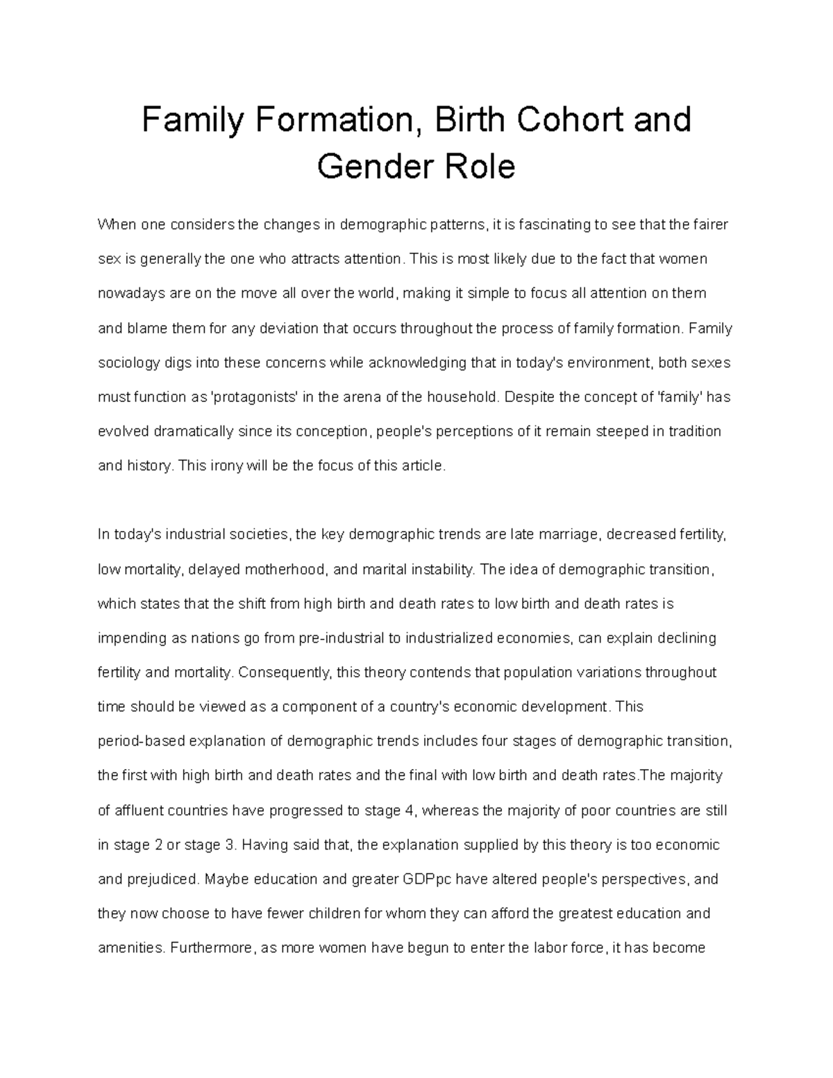 Family Formation, Birth Cohort and Gender Role - Family Formation ...