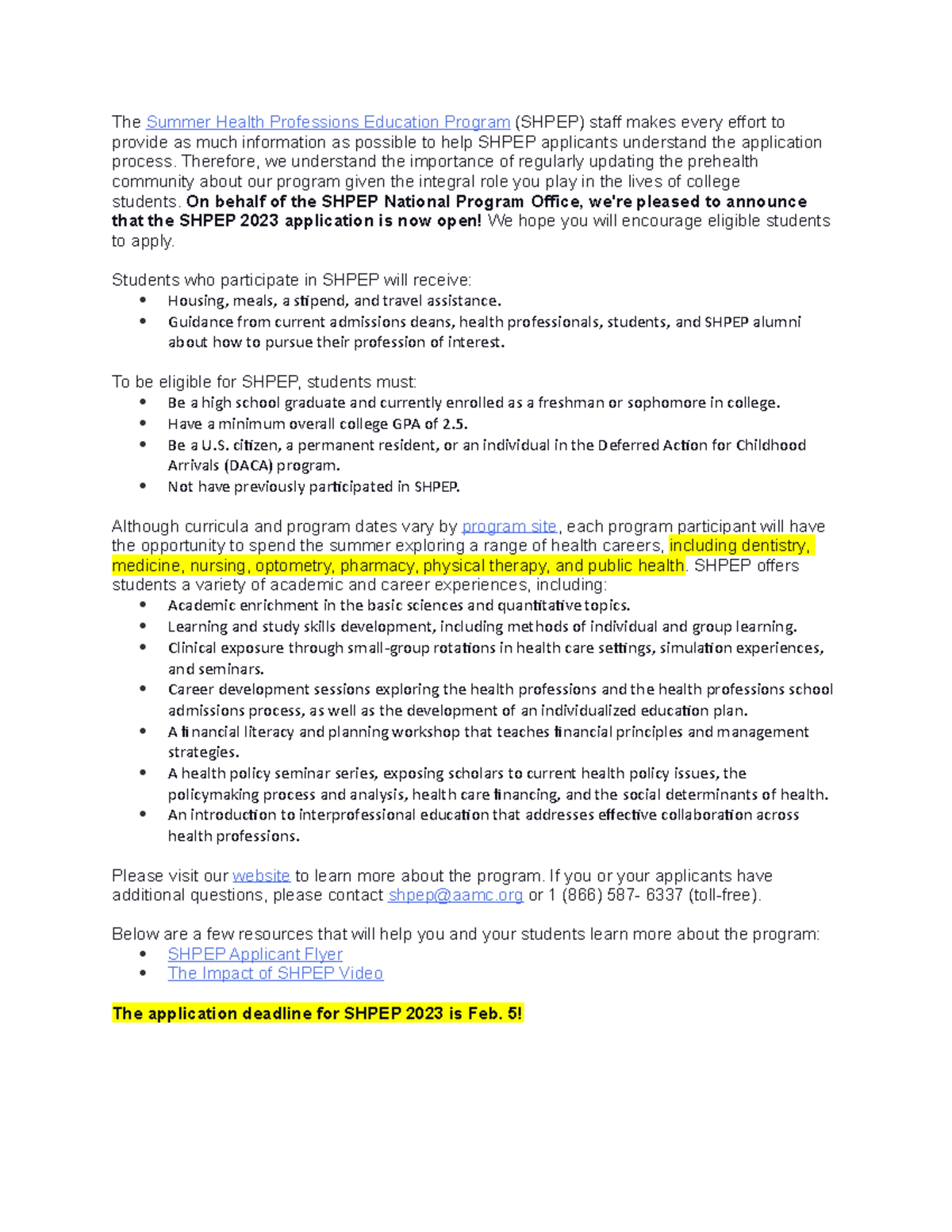 Shpep 2022-2023 - aye - The Summer Health Professions Education Program ...