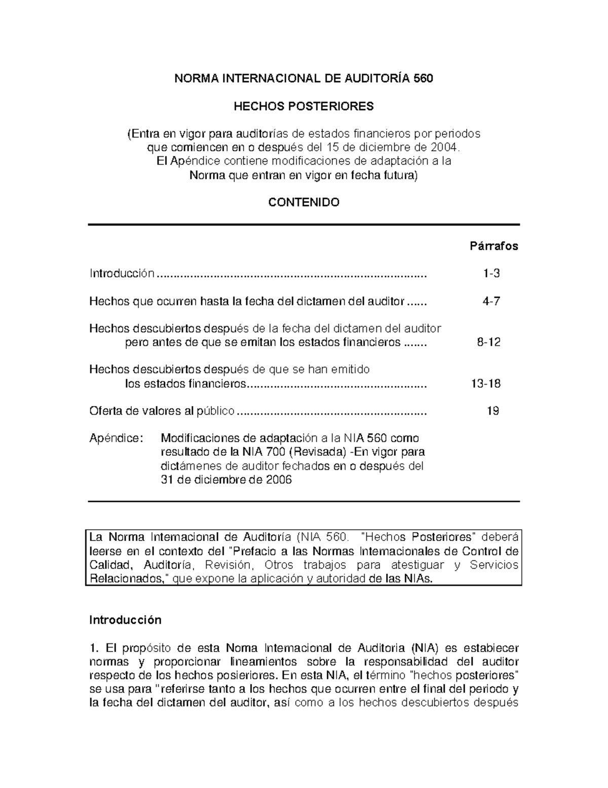 Nia 560 - NIA 560 - NORMA INTERNACIONAL DE AUDITORÕA 560 HECHOS ...