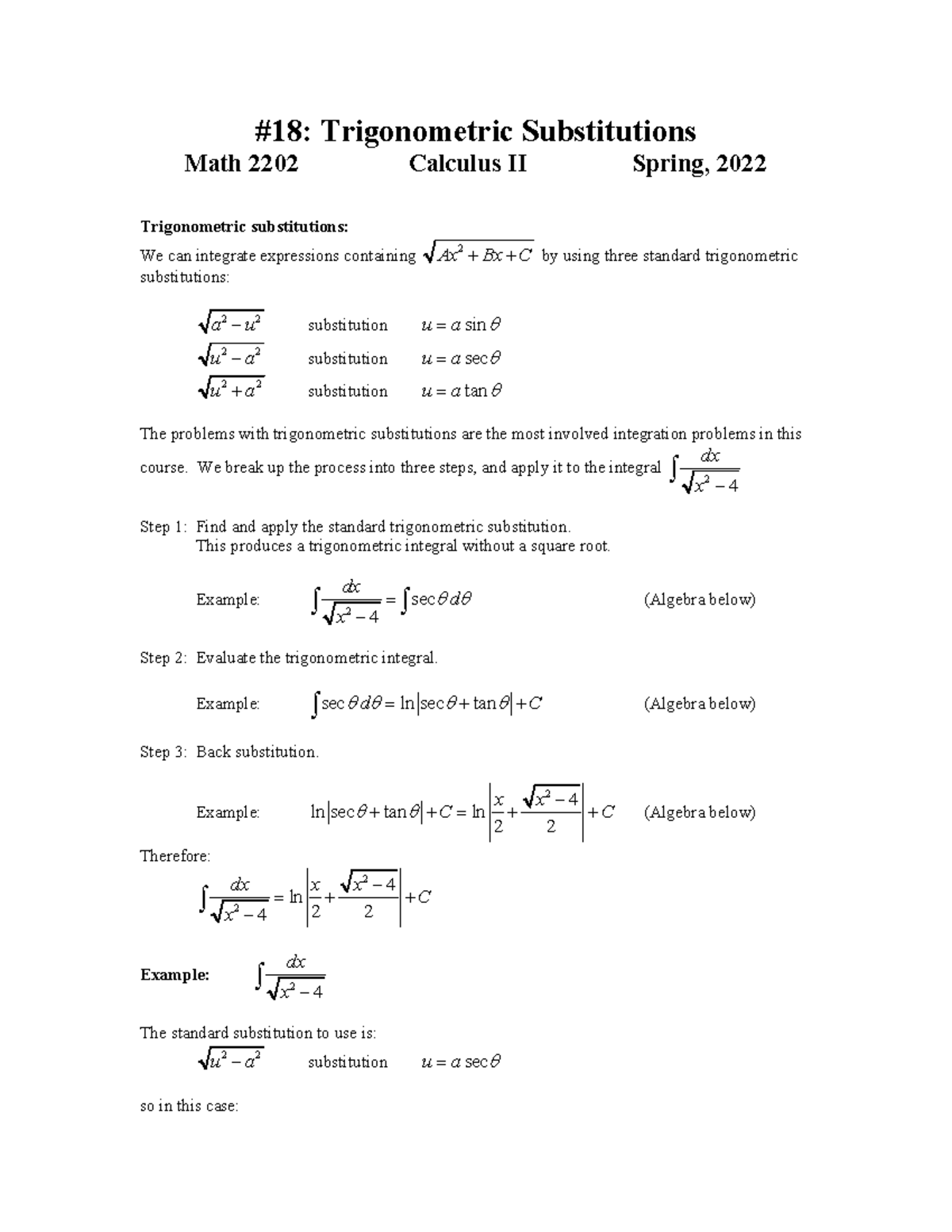 Sheet 18 - Homework - #18: Trigonometric Substitutions Math 2202 ...