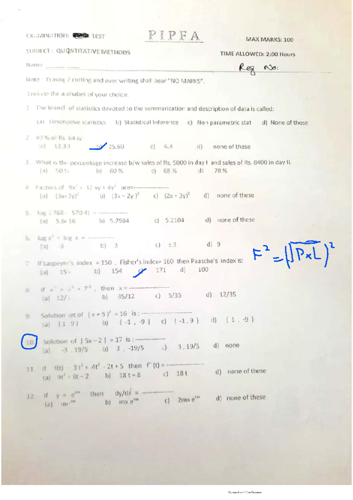 Pipfa[maths+stats-past-paper,objective] - Business Mathematics and ...