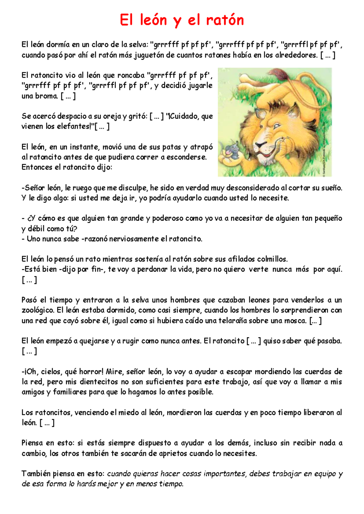El león y el ratón - Texto de comprensión - El león y el ratón El león ...
