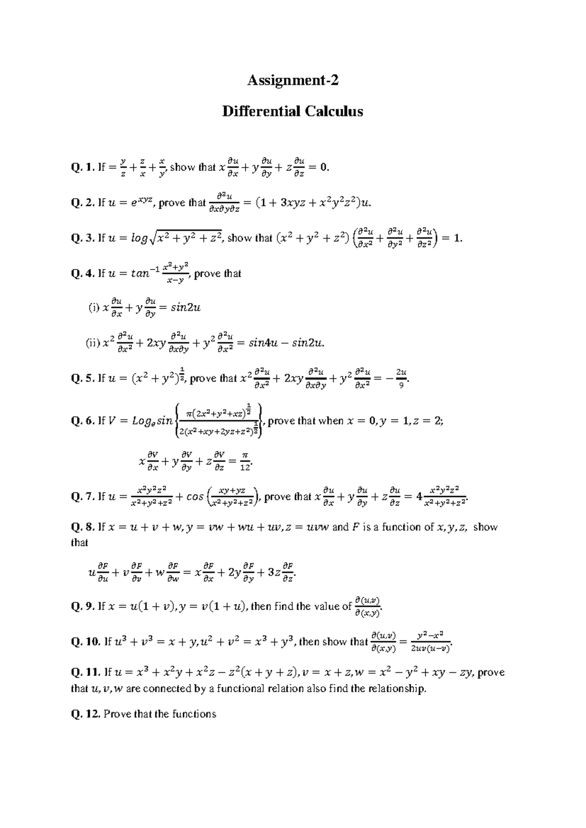 Assignment-2 - sxasaxsaasSJASK - Assignment- Differential Calculus Q. 1. If show that Q. 2. If ...