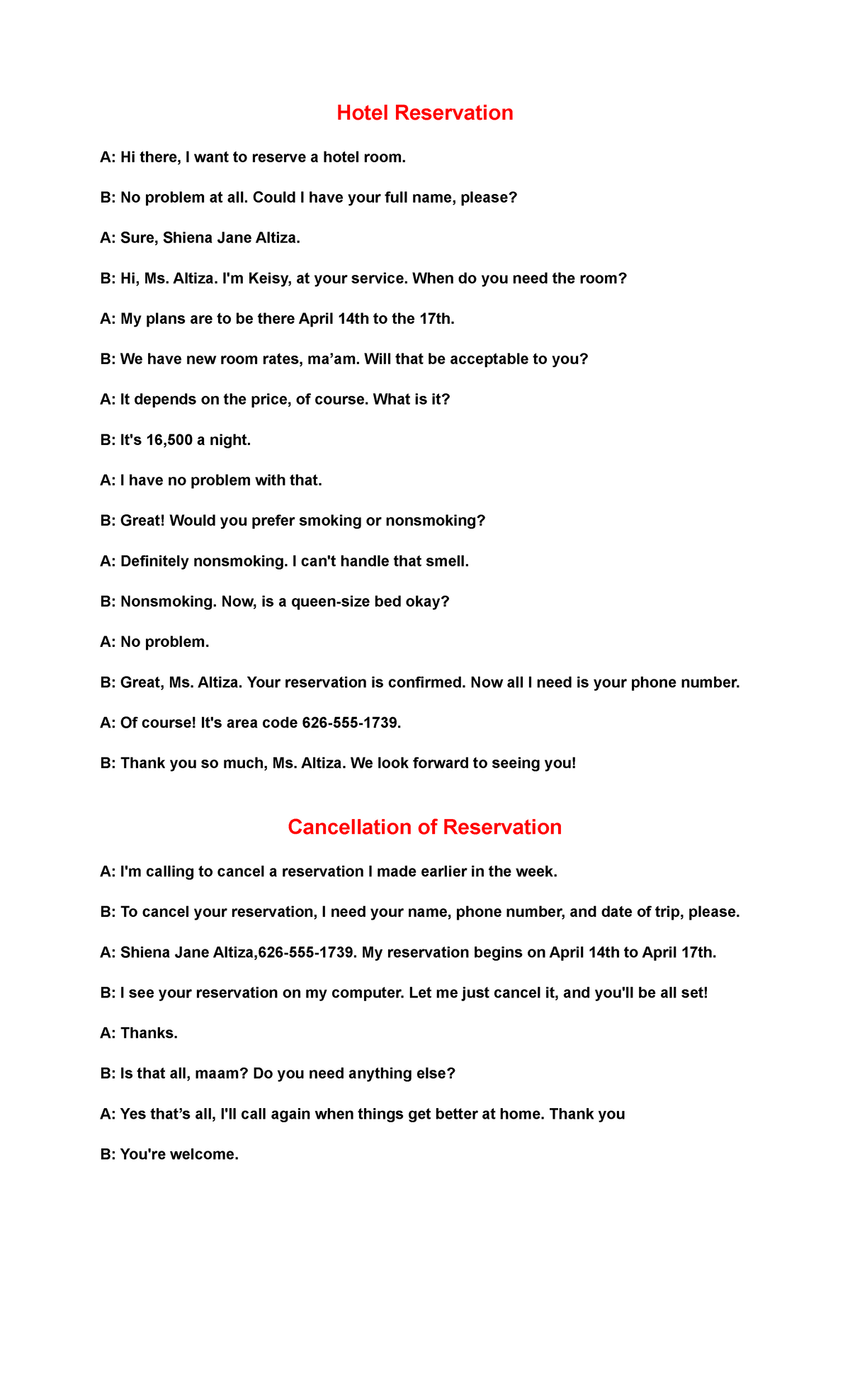 Script - assignment - Hotel Reservation A: Hi there, I want to reserve ...