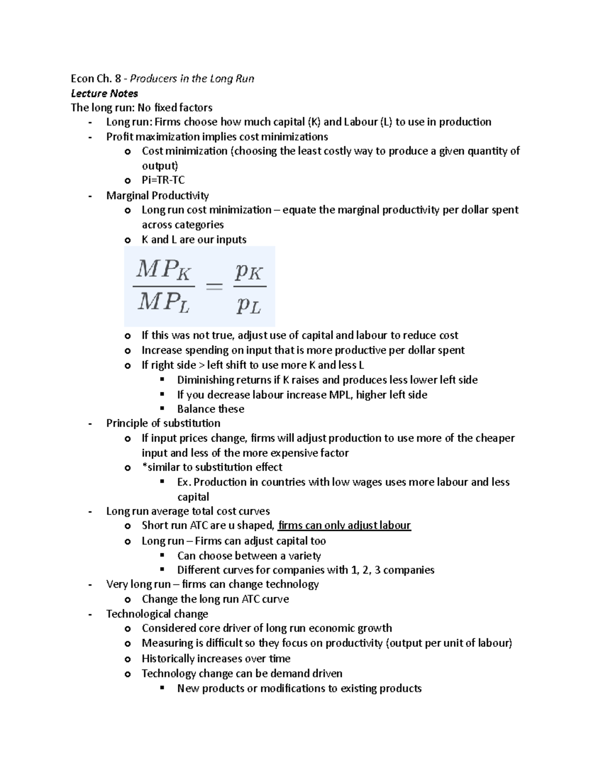 Econ Ch. 8 - chapter notes - Econ Ch. 8 - Producers in the Long Run ...