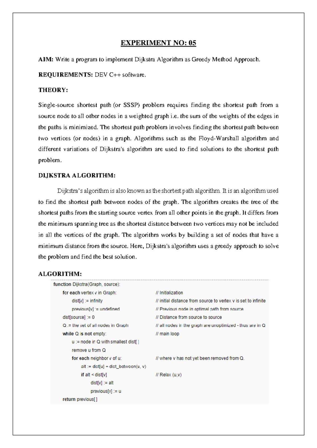 Experiment 5 Dijkstra Algorithm Experiment No 0 5 Aim Write A Program To Implement Dijkstra 
